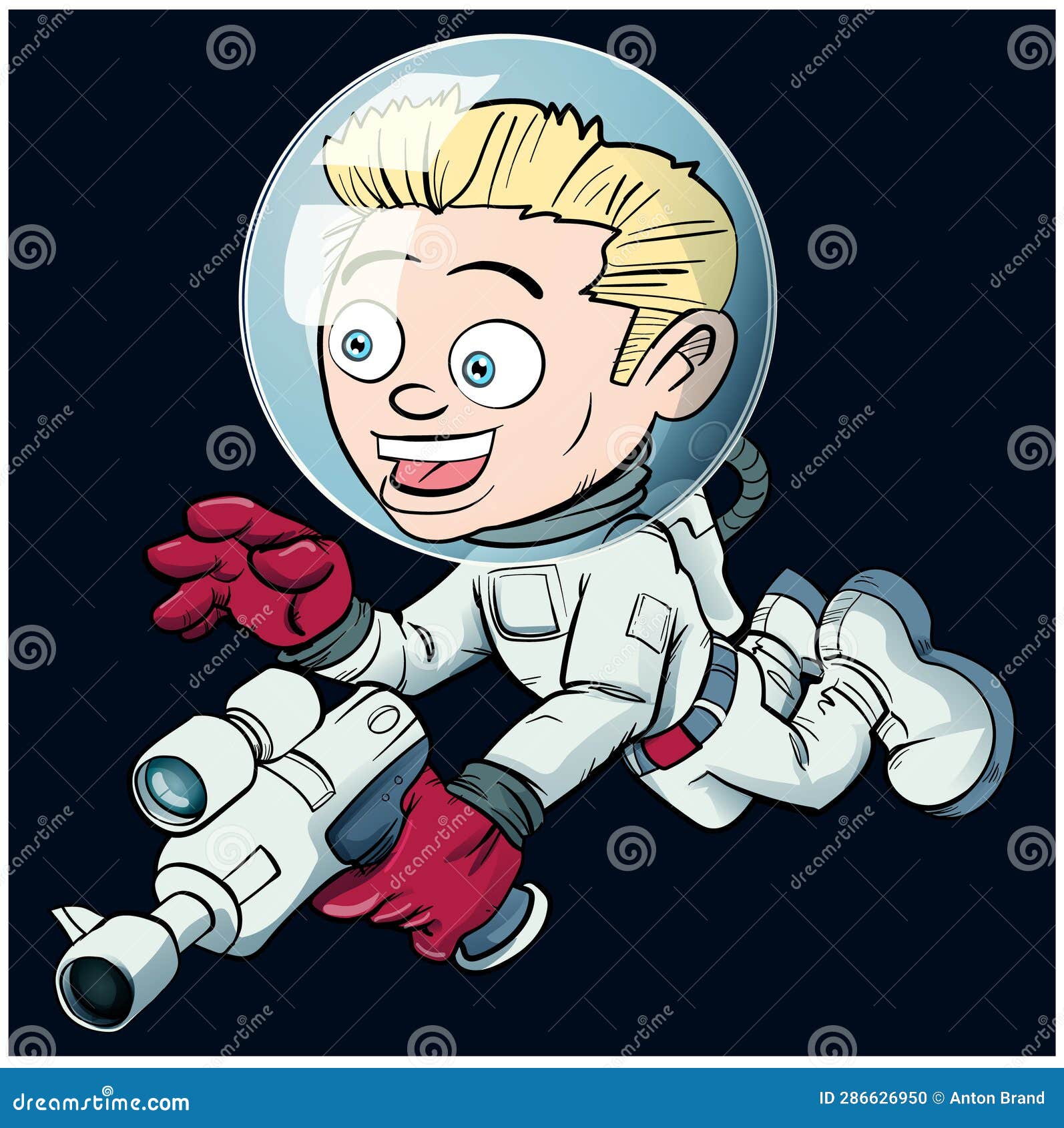 Cute Cartoon Astronaut Floating in Space with His Raygun Stock ...