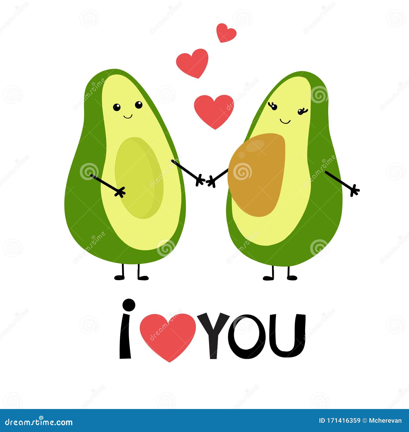 Cute Cartoon Avocado Couple Holding Hands Valentine`s Day Greeting