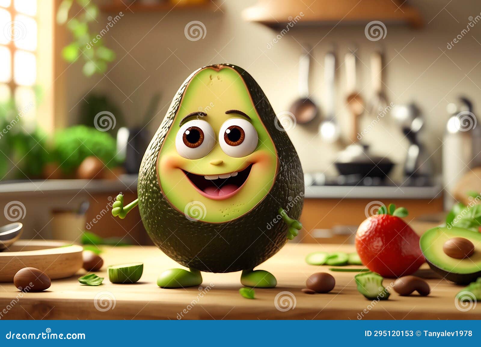 Cute Cartoon Avocado in the Kitchen Creative Eyes Stock Illustration ...
