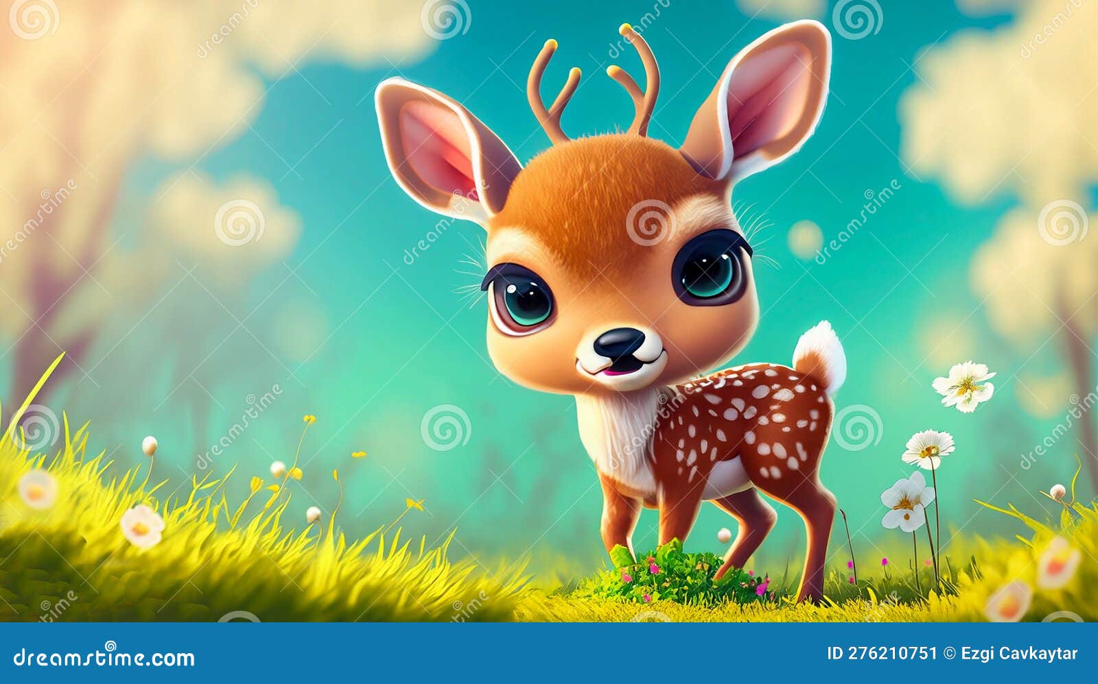 Cute Cartoon Baby Deer in a Spring Meadow, Generative Ai Stock ...