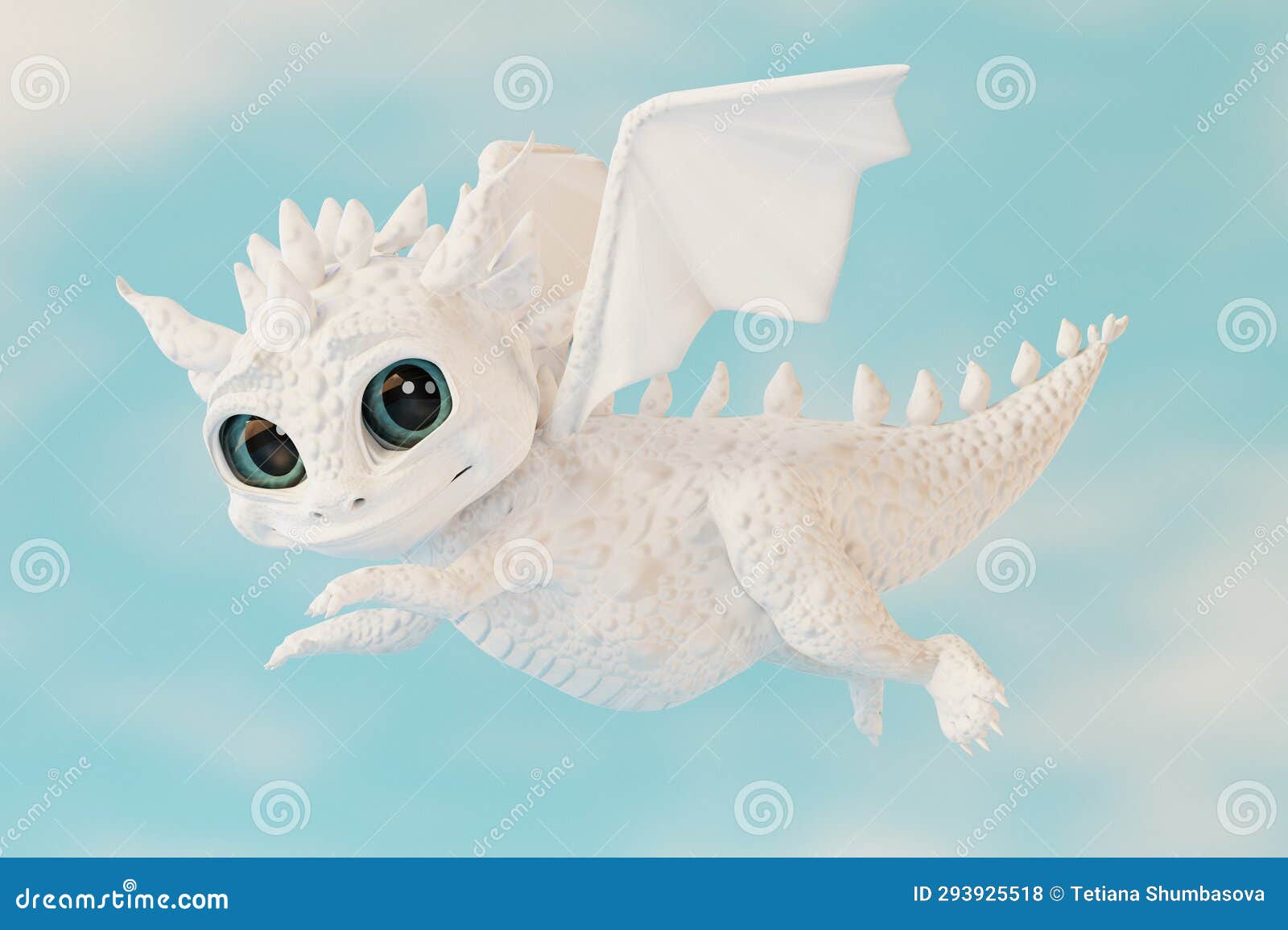 Cute Cartoon Baby Dragon Flying through Clouds. 3d Render Stock ...