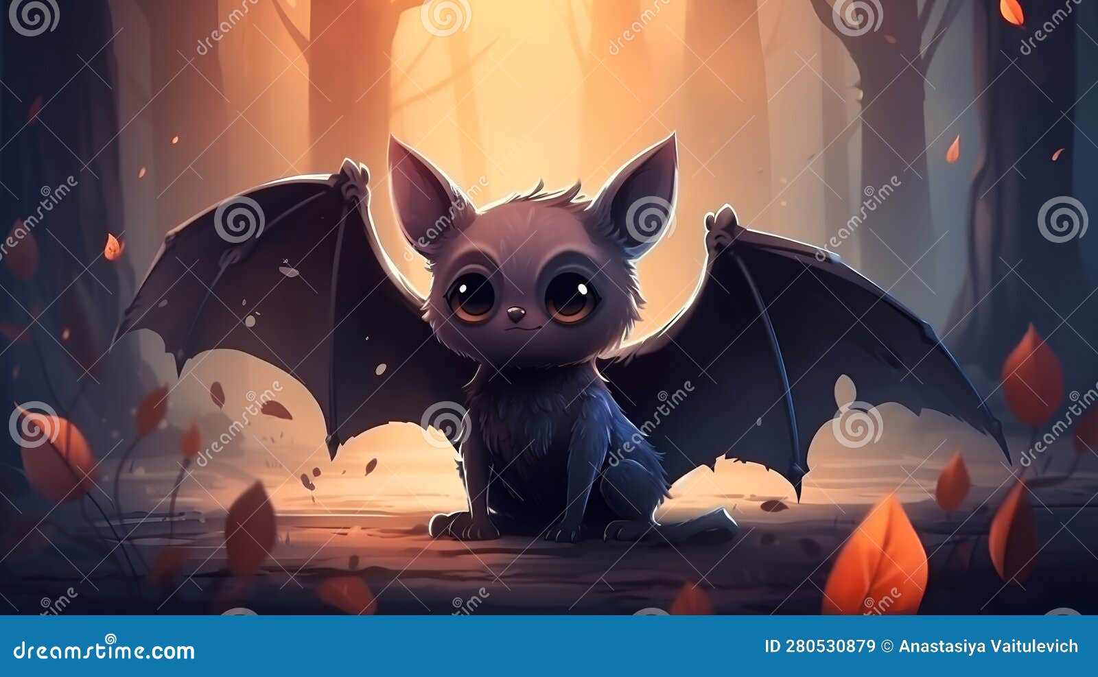 Cute Cartoon Bat in the Magic Forest with Leaves Fall. Generated AI ...