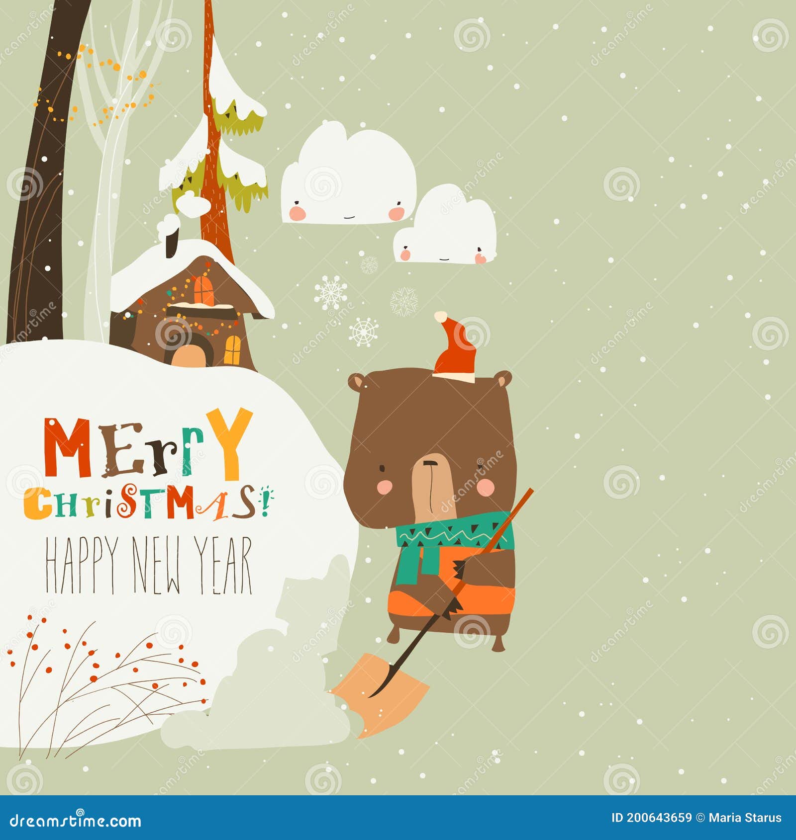 Cute Cartoon Bear Pick Snow in the Yard Stock Vector - Illustration of ...