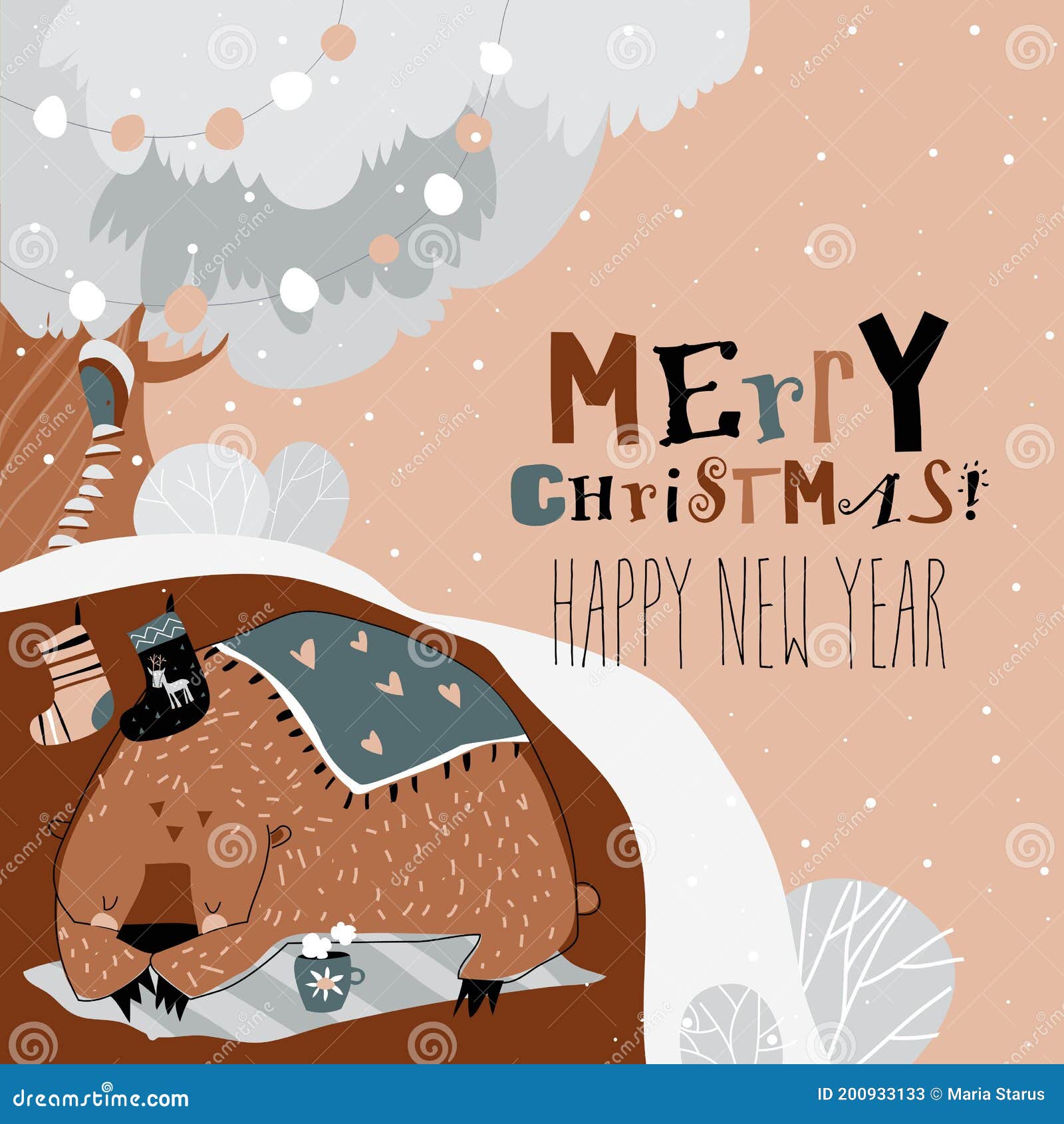 Cute Cartoon Bear Sleeping in Den in Winter Forest Stock Vector ...