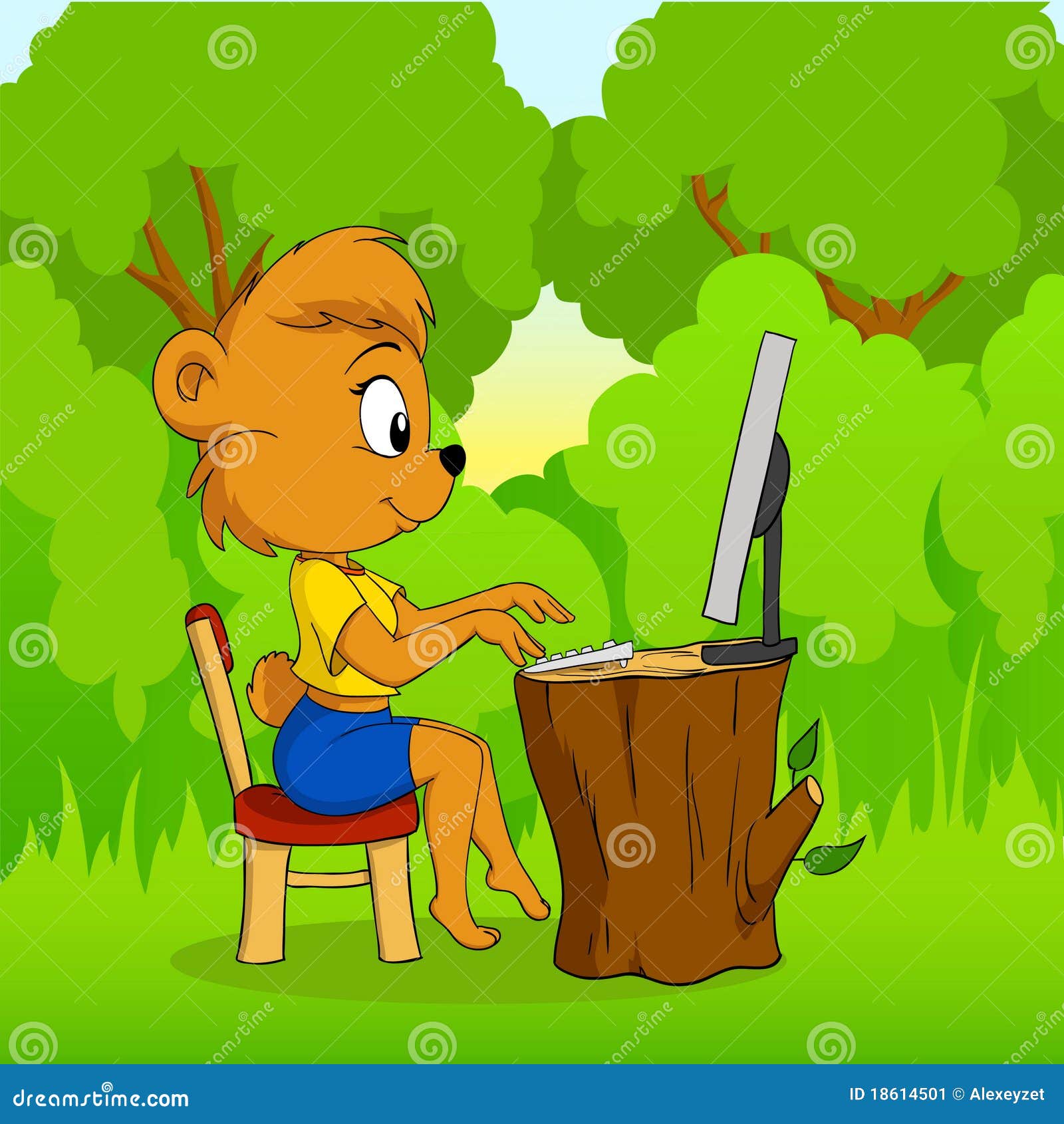 Cute Cartoon Bear Typing on Computer in Forest Stock Vector ...