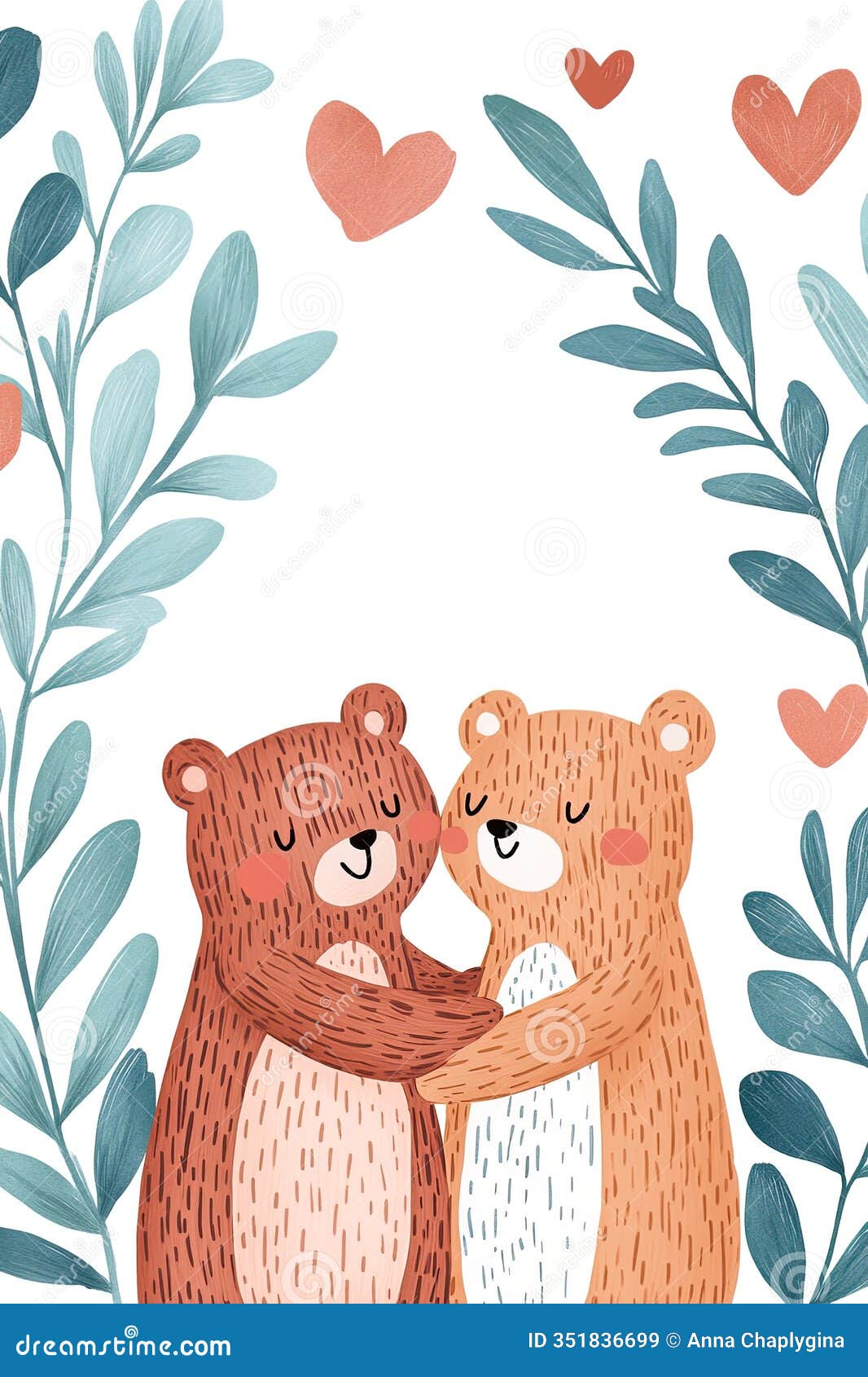 Cute Cartoon Bears Hugging with Leafy Border and Hearts Stock ...