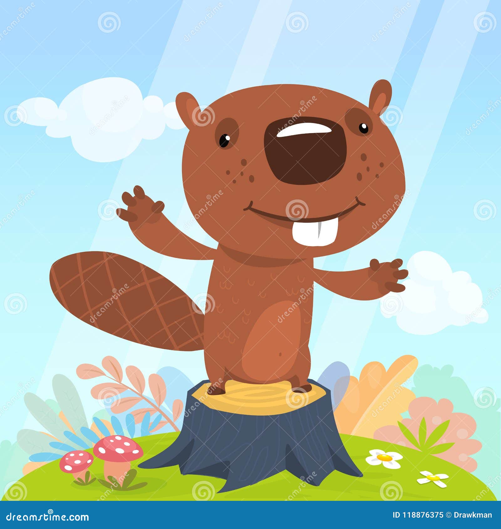 Cute Cartoon Beaver Standing on Stump. Vector Illustrated Stock Vector ...