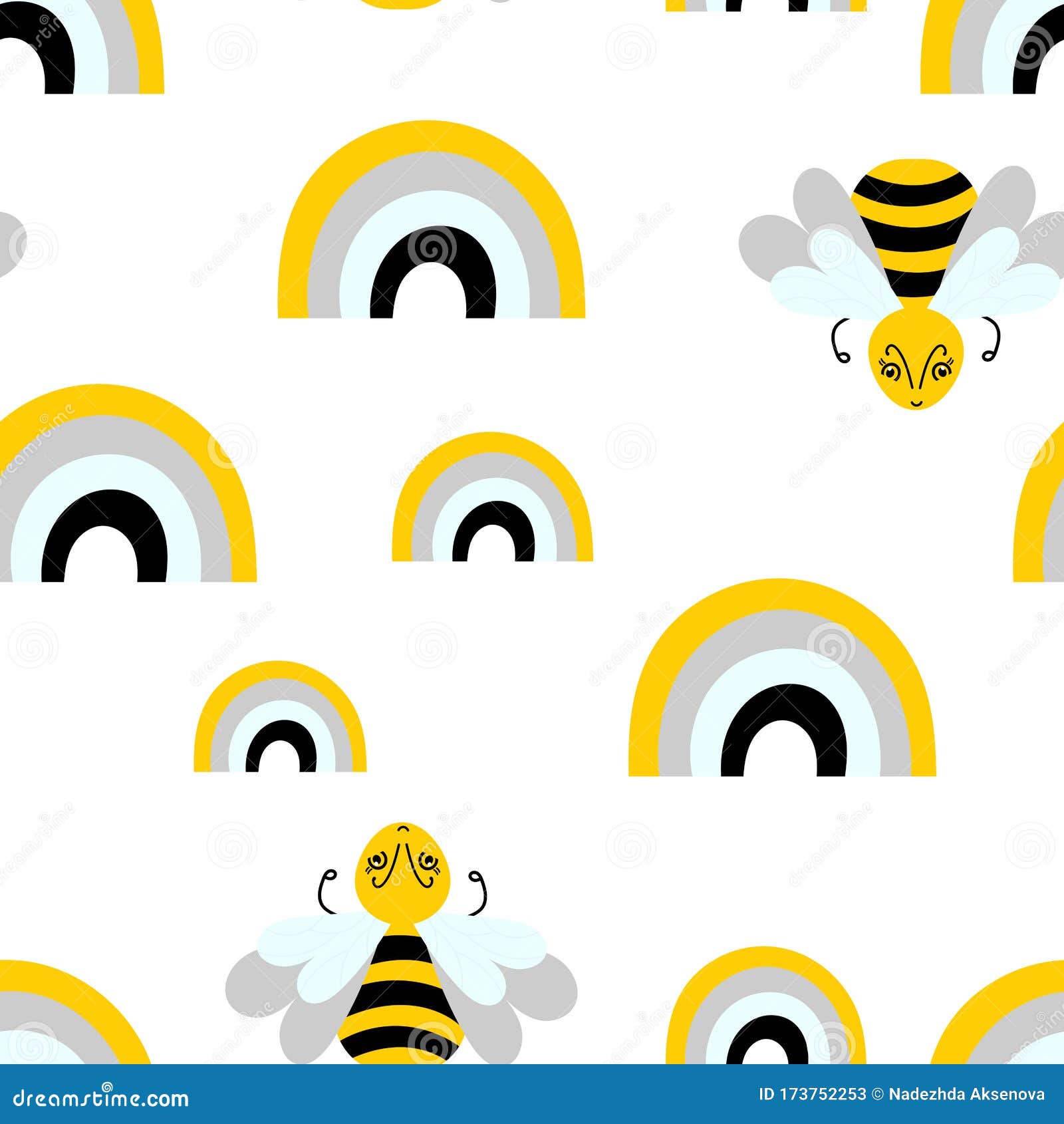 Cute Cartoon Bee or Bumble Bee and Rainbow. Flat Style. Vector Seamless ...