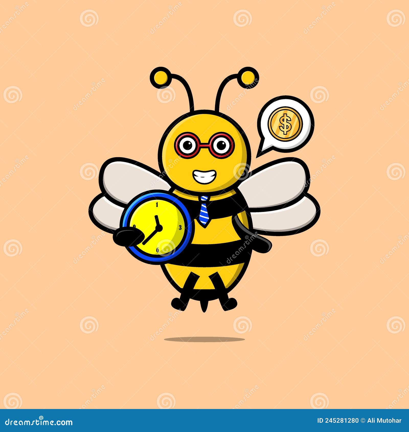Cute Cartoon Bee Character Holding Clock Stock Vector - Illustration of ...