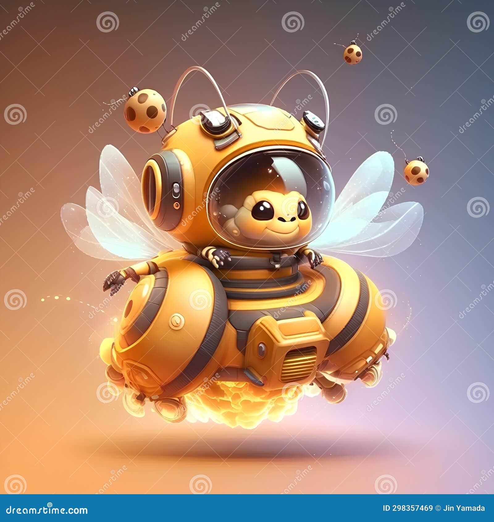 Cute Cartoon Bee Flying in Space with Bees and Honeycombs Stock ...