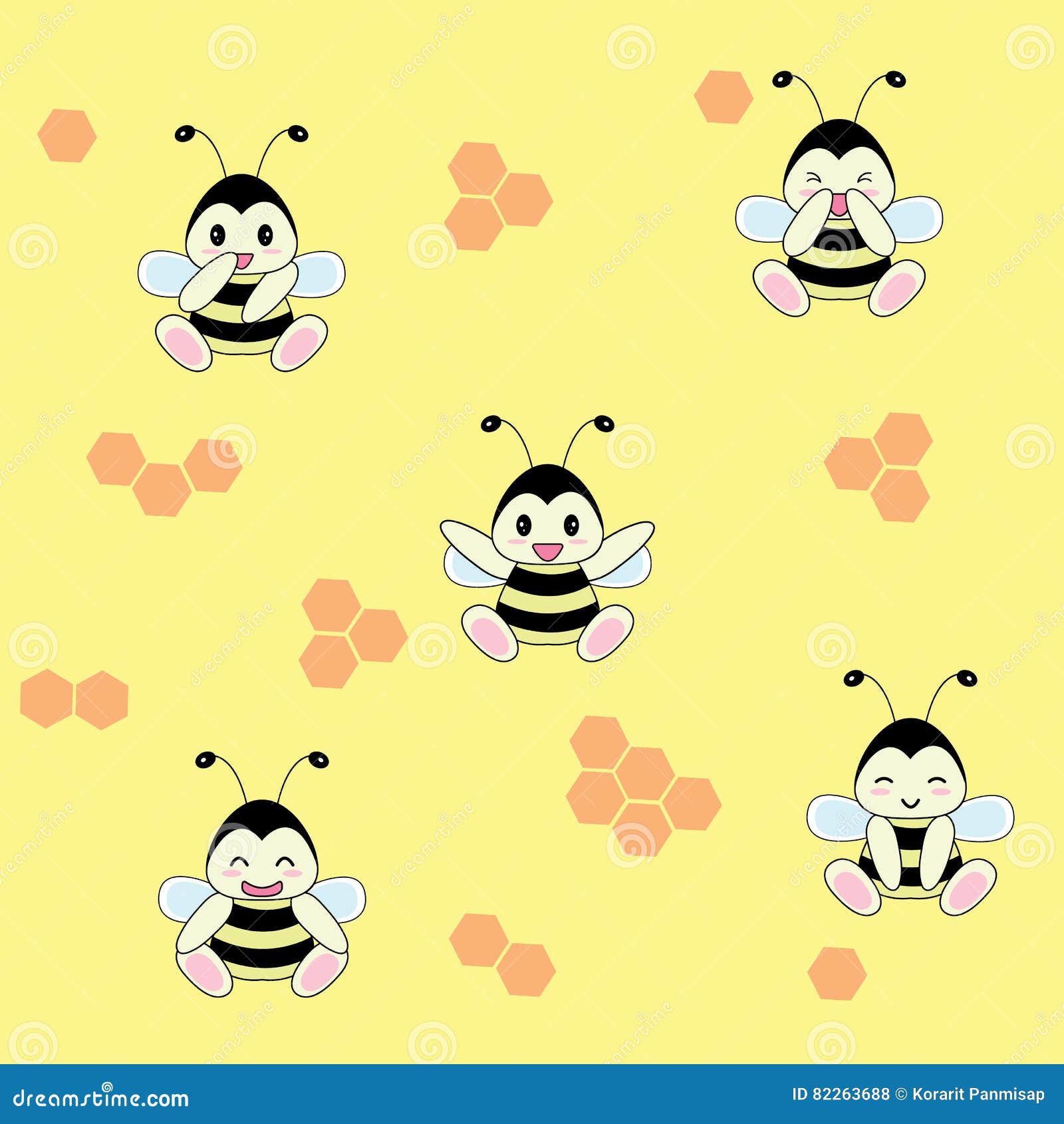 Cute Cartoon Bee Seamless Pattern, Vector Illustration Stock Vector ...