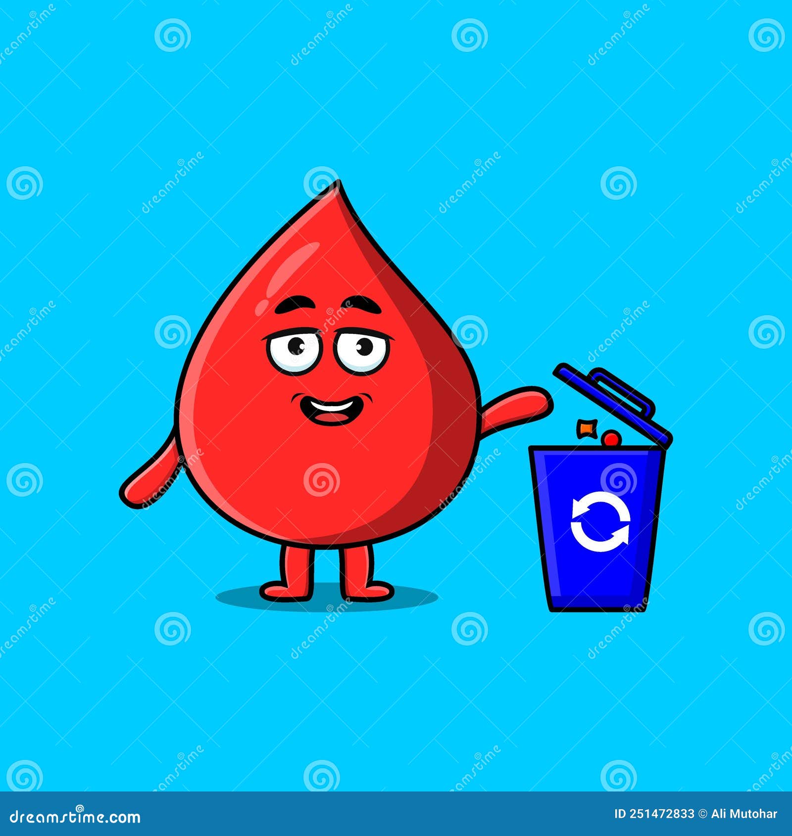 Cute Cartoon Blood Drop Throwing Trash in Trash Stock Vector ...