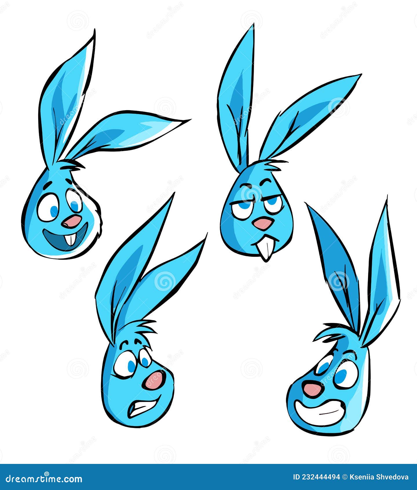 Cute Cartoon Blue Rabbit Emotion Faces Icon Set Vector Stock ...