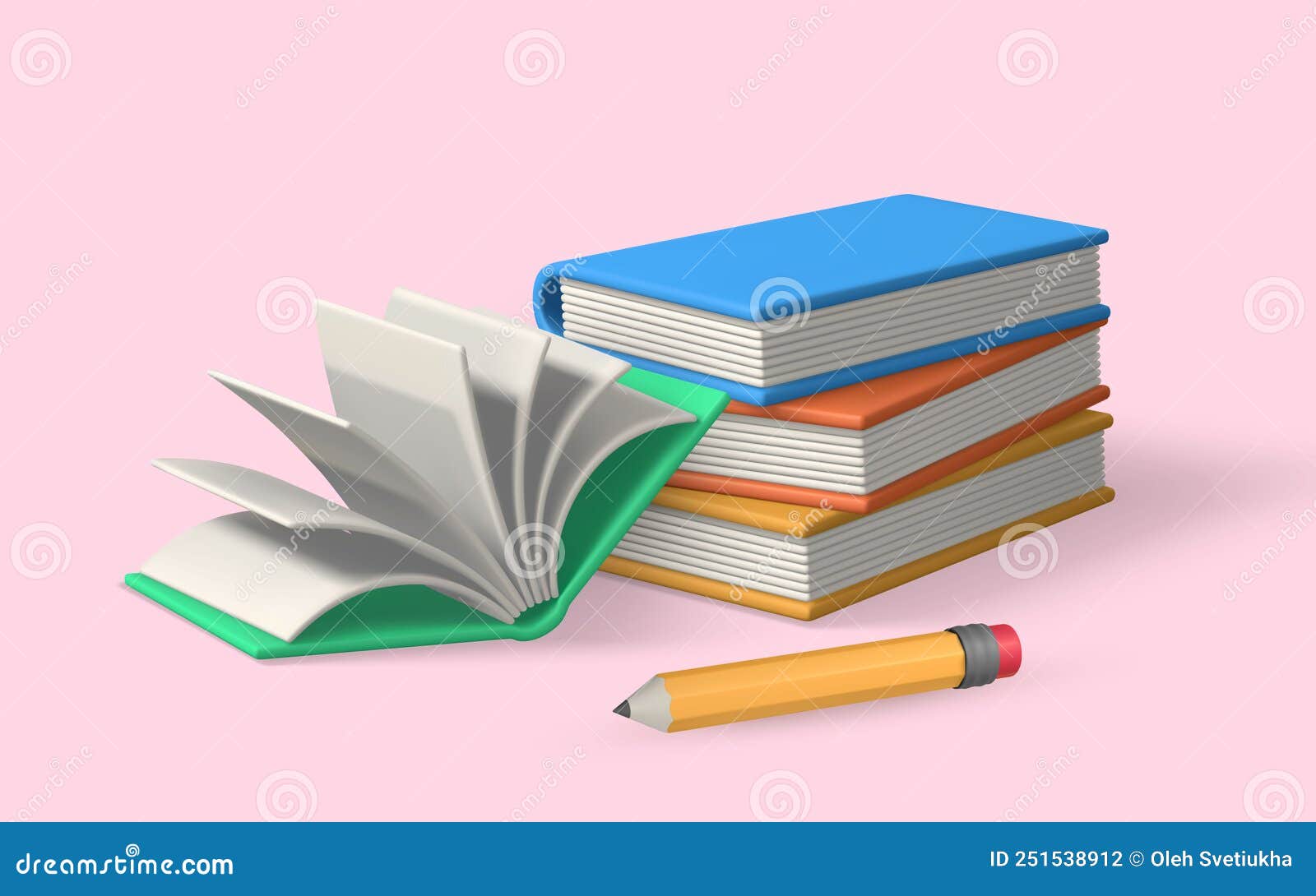 Cute Cartoon Book and Pencil. Realistic 3d School Object Stock Vector ...