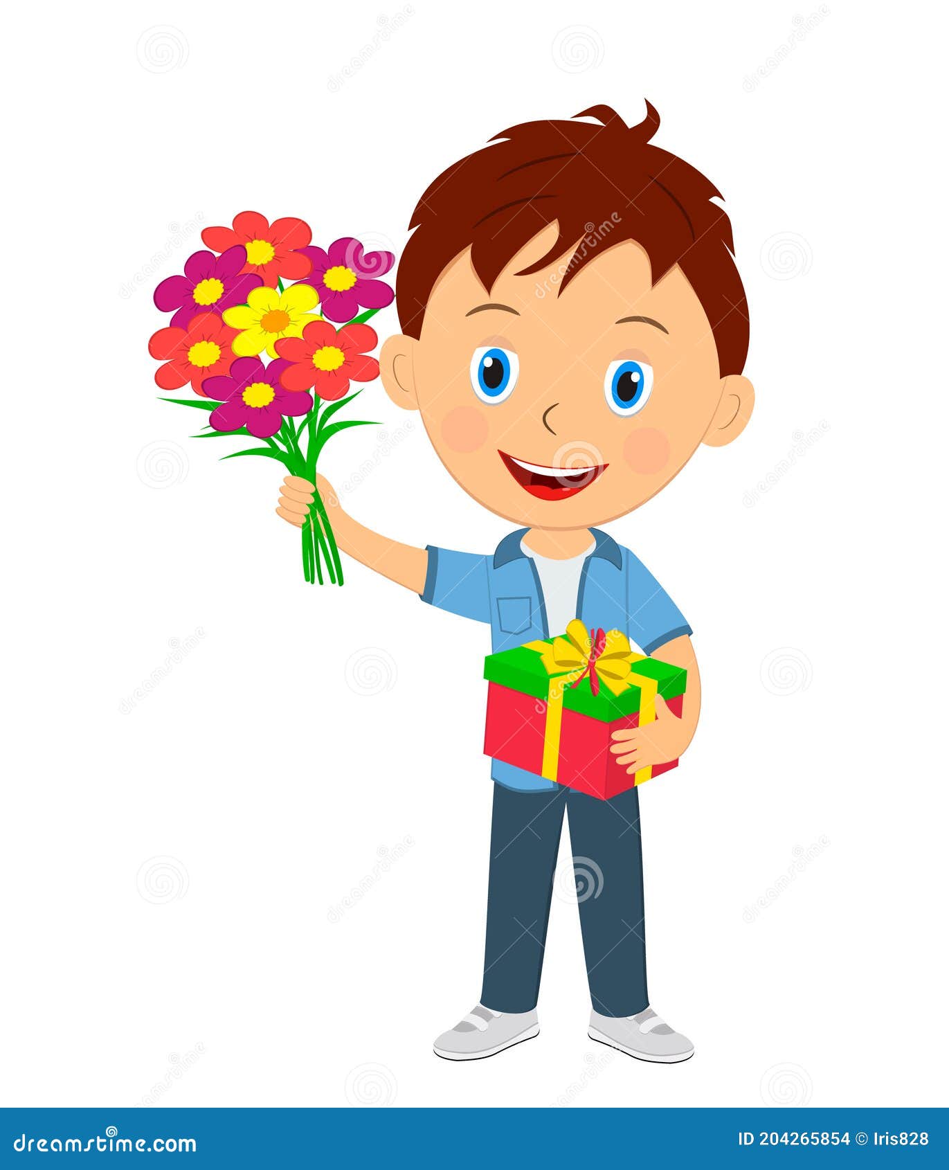 Cute Cartoon Boy with Flowers and Gift Stock Vector - Illustration of ...