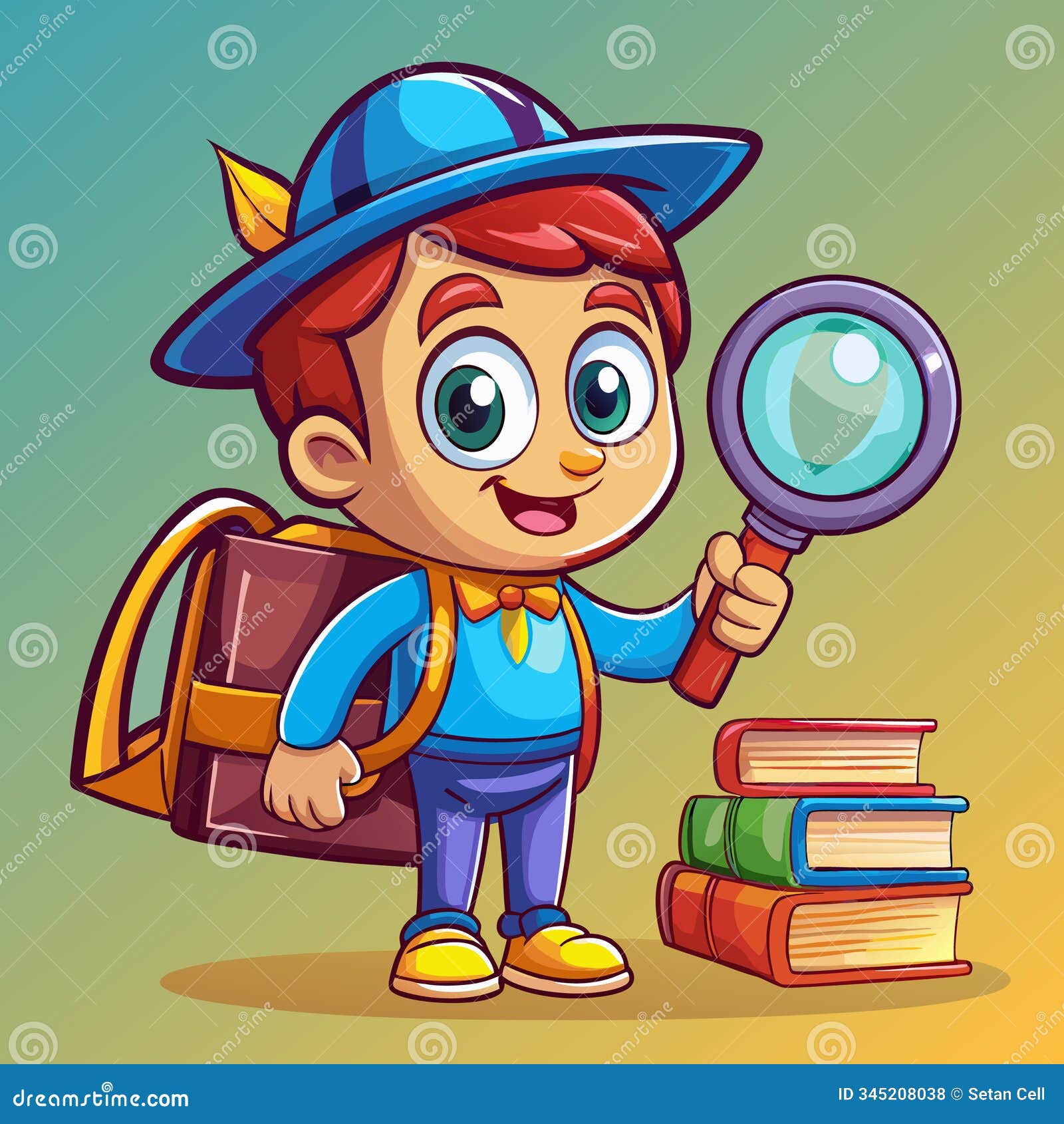 A Cute Cartoon Boy with a Magnifying Glass, Wearing a Backpack and ...
