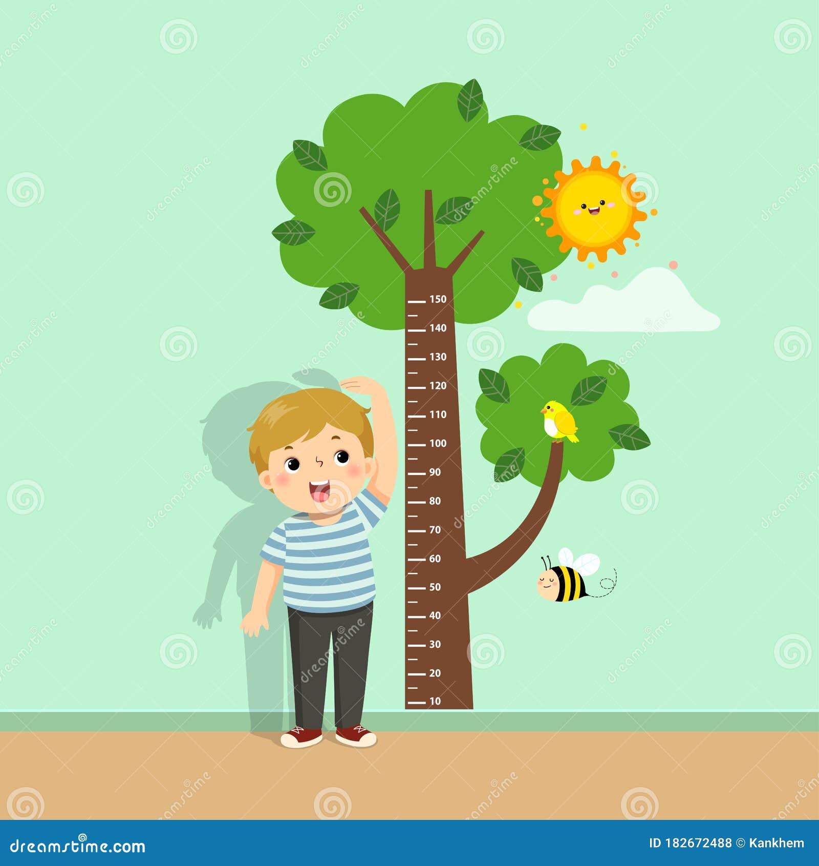 Cute Cartoon Boy Measuring His Height With Tree Height Chart On The ...