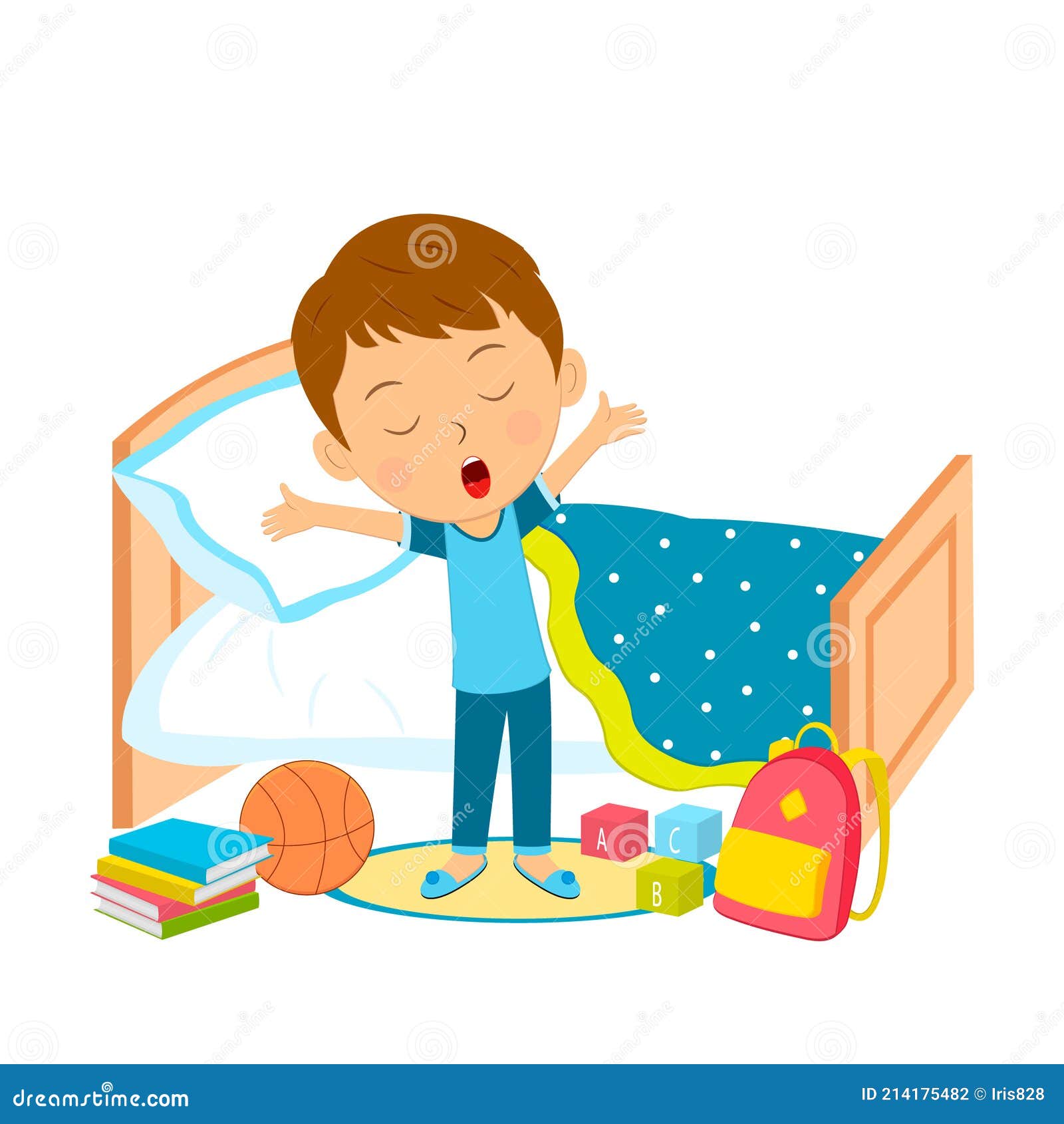Cute cartoon boy wakes up stock vector. Illustration of waking - 214175482