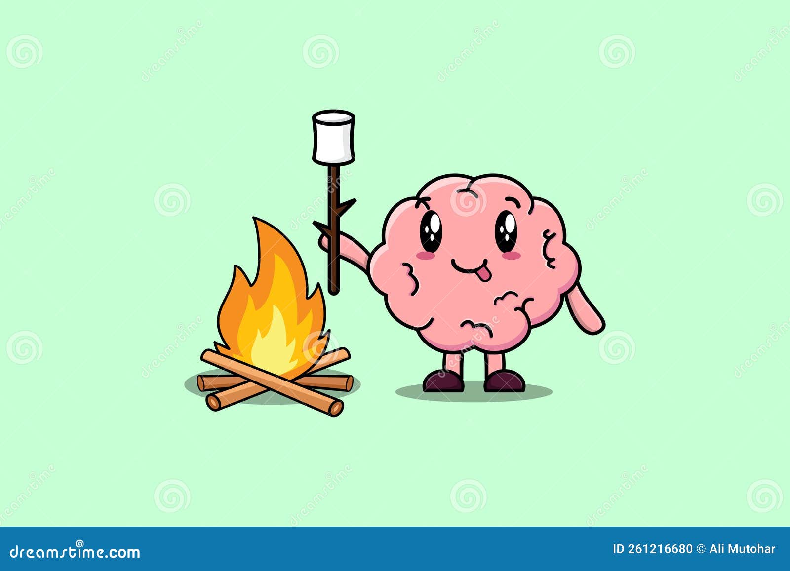 Cute Cartoon Brain Character Burning Marshmallow Stock Vector ...