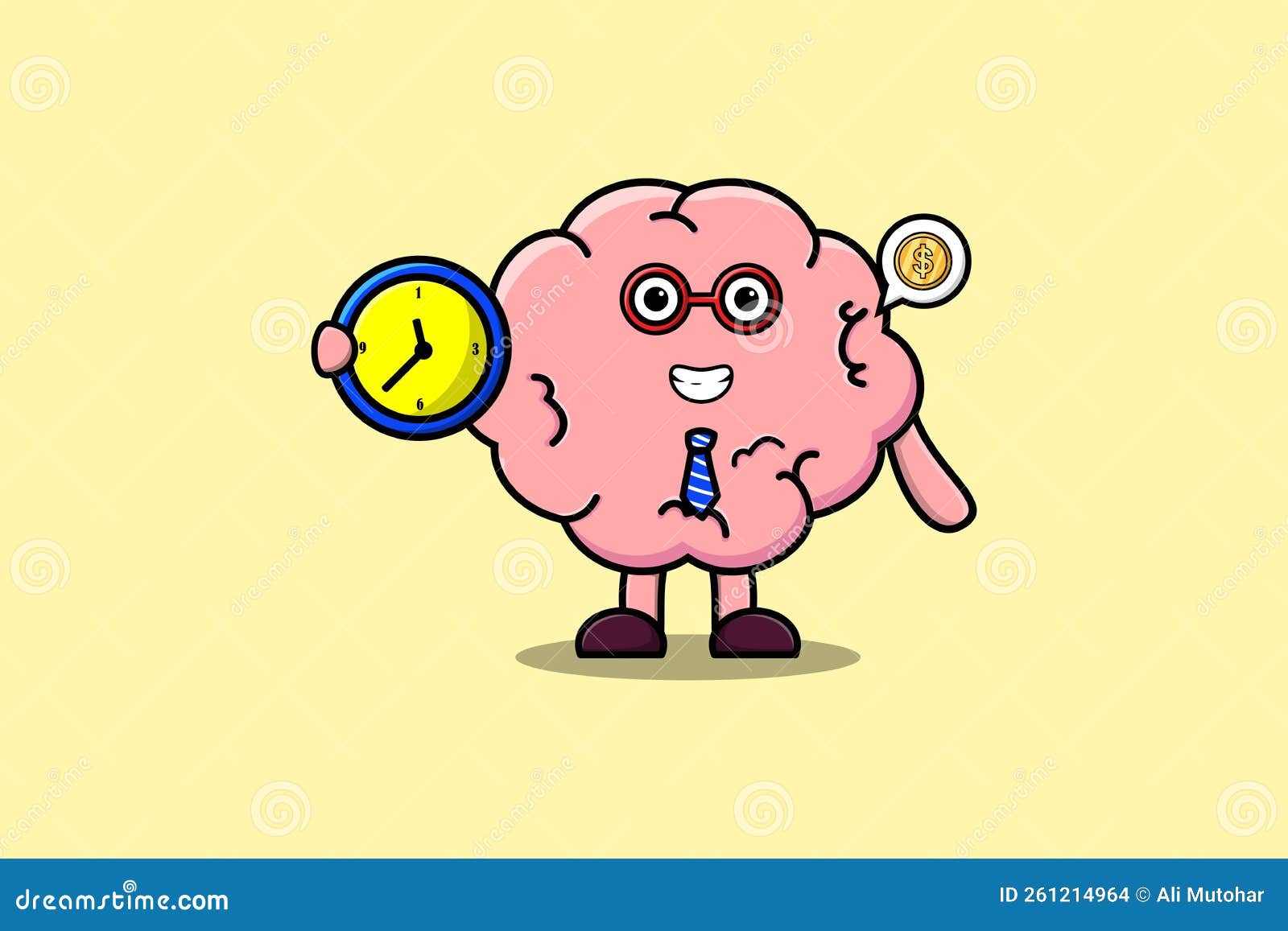 Cute Cartoon Brain Character Holding Clock Ilustración del Vector ...
