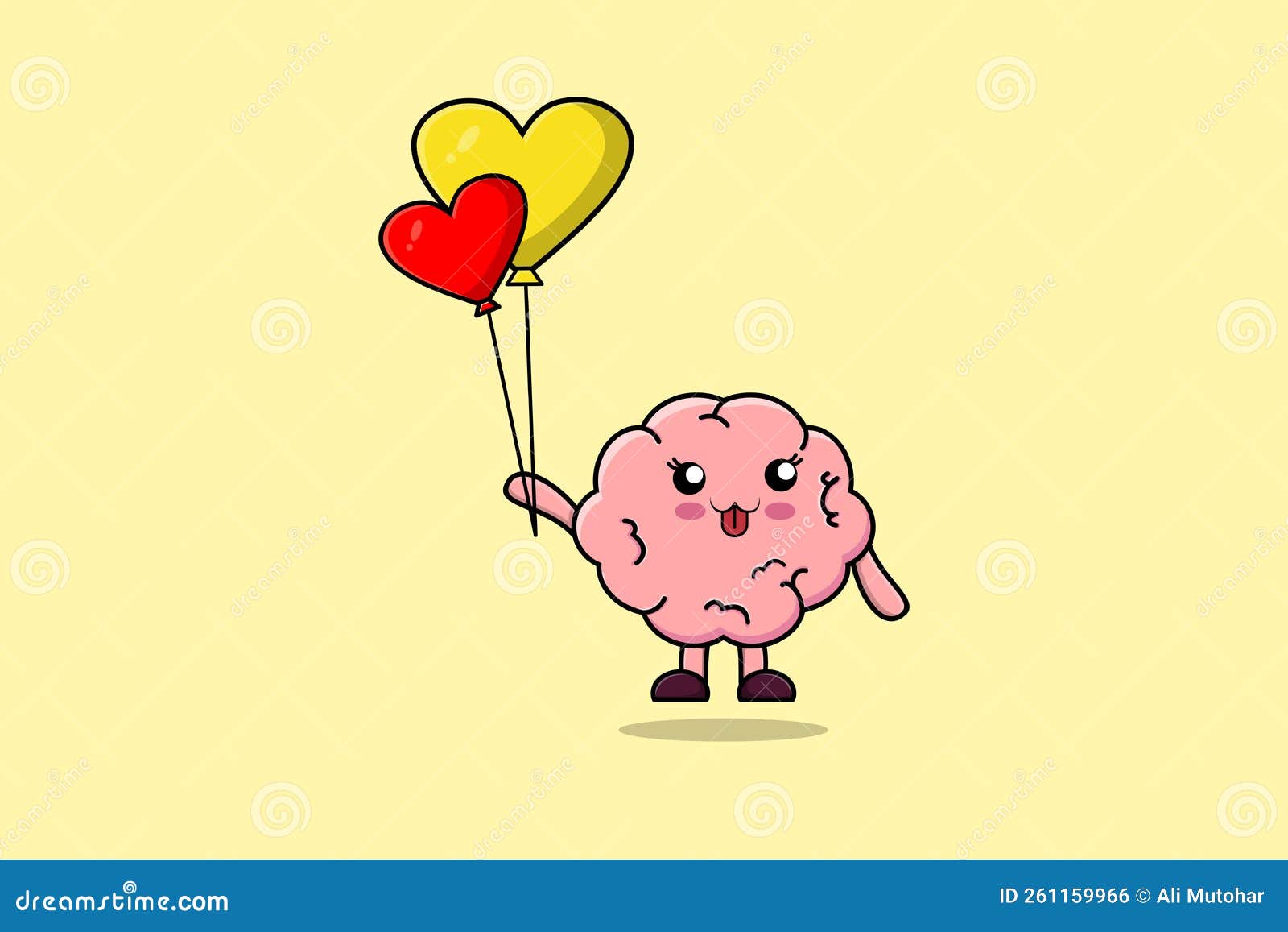 Cute Cartoon Brain Floating with Love Balloon Stock Vector ...
