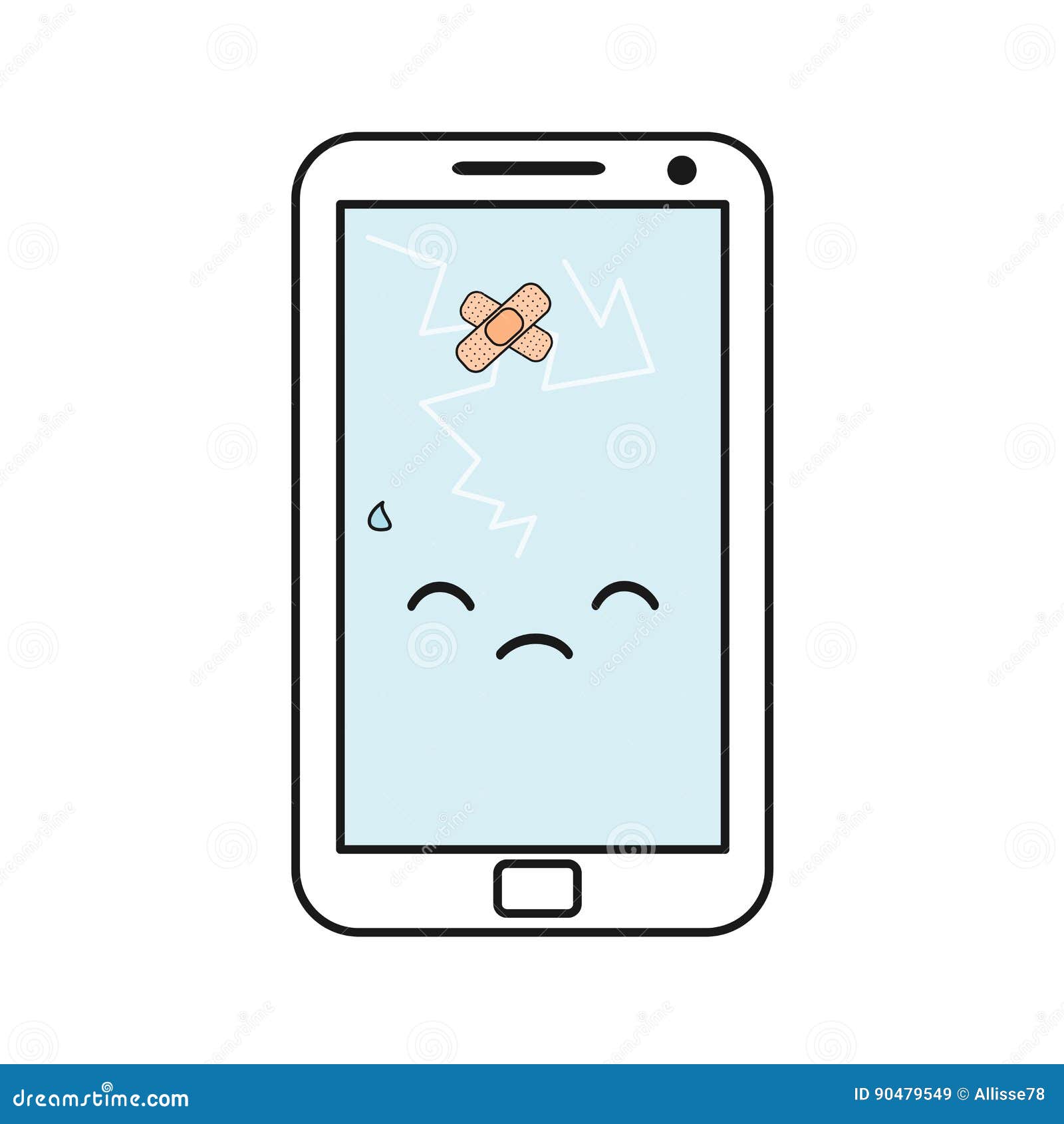 Cute Cartoon Broken and Sad Smartphone Illustration on White Background ...