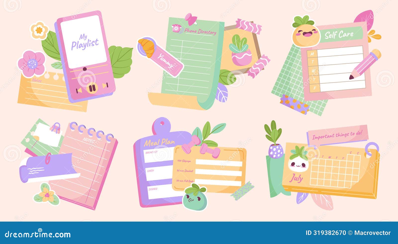 Cute Cartoon Bullet Journal Mini Composition Set Stock Illustration ...