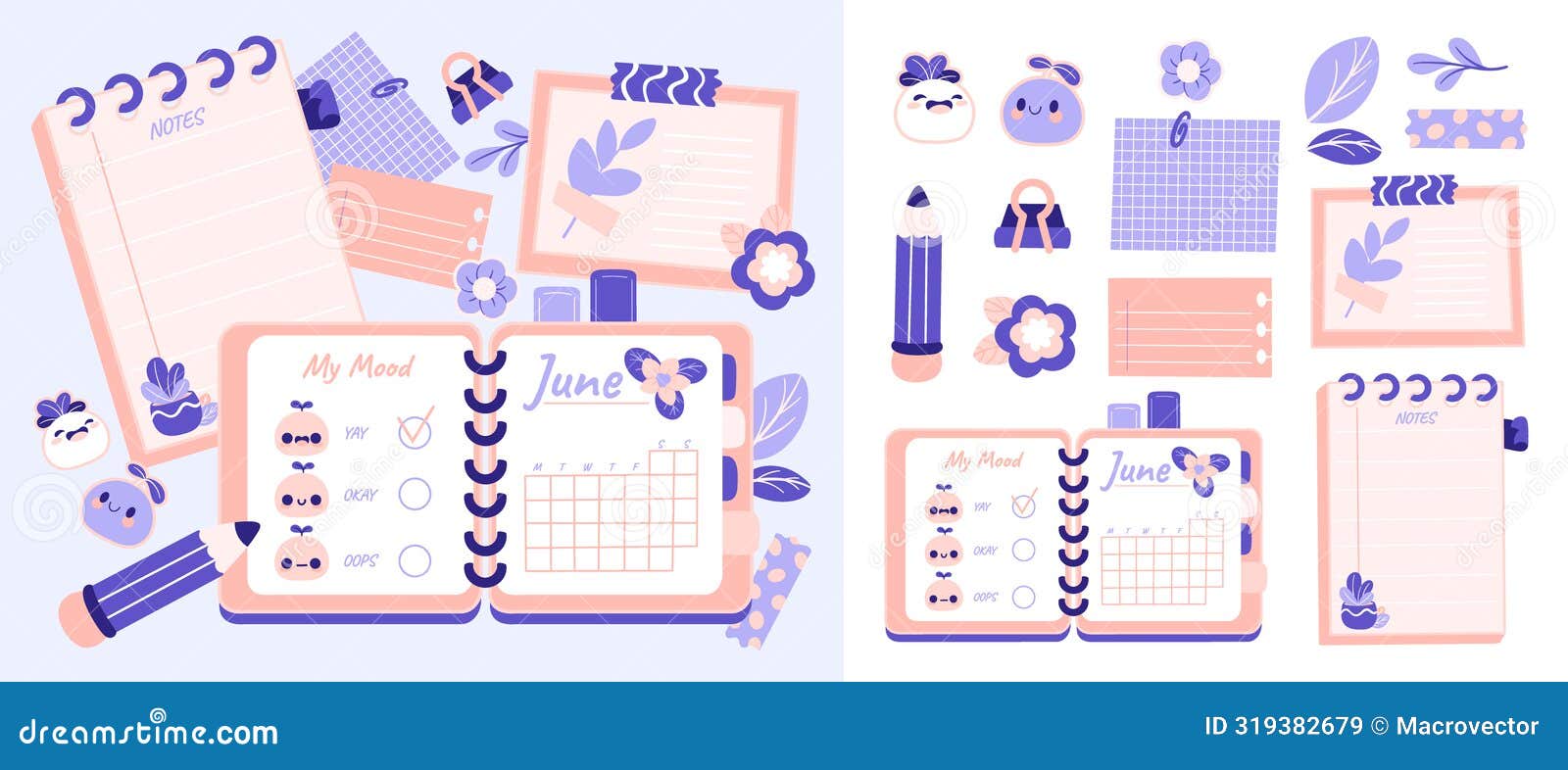 Cute Cartoon Bullet Journal Set Stock Illustration - Illustration of ...