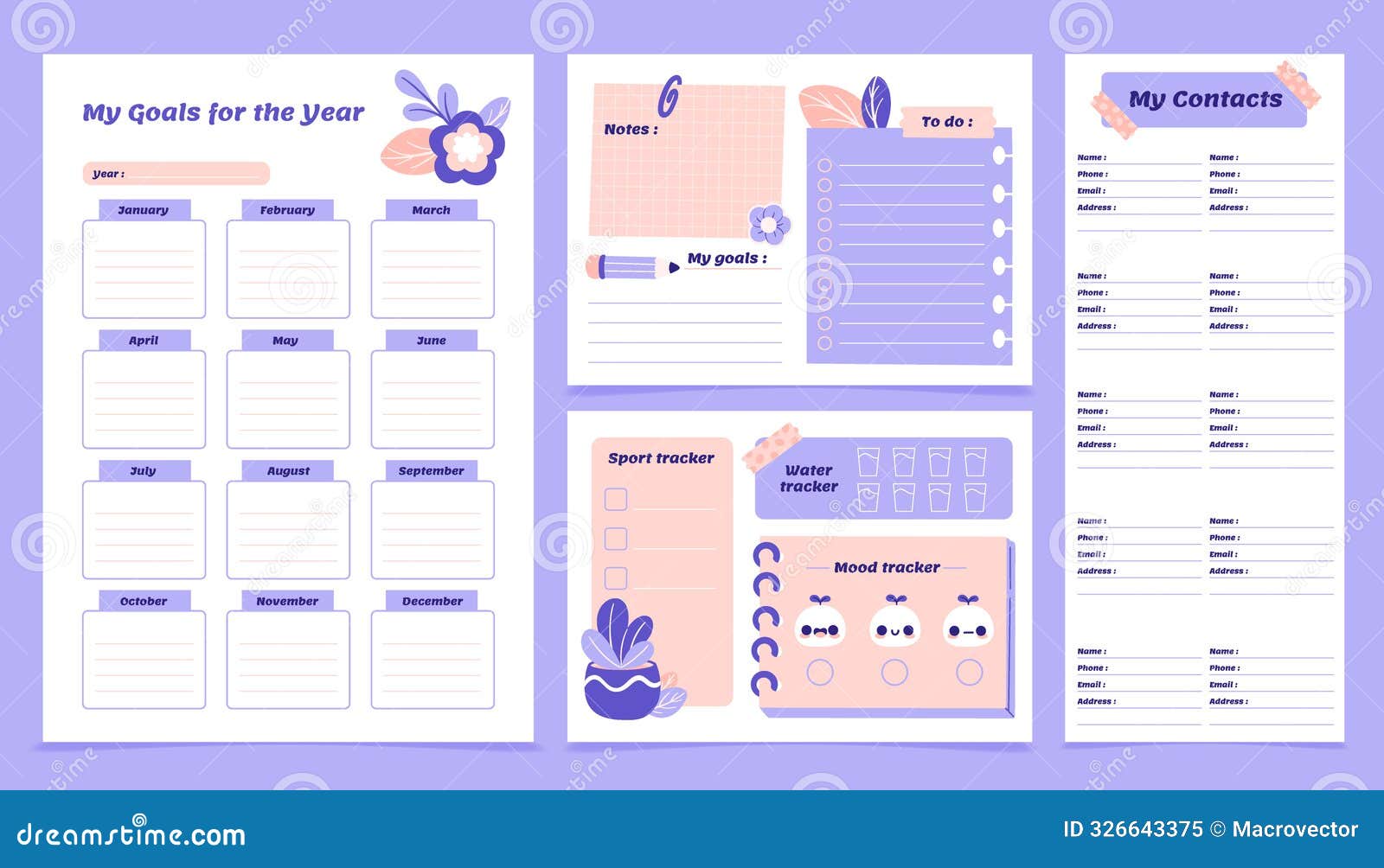 Cute Cartoon Bullet Journal Set Stock Illustration - Illustration of ...