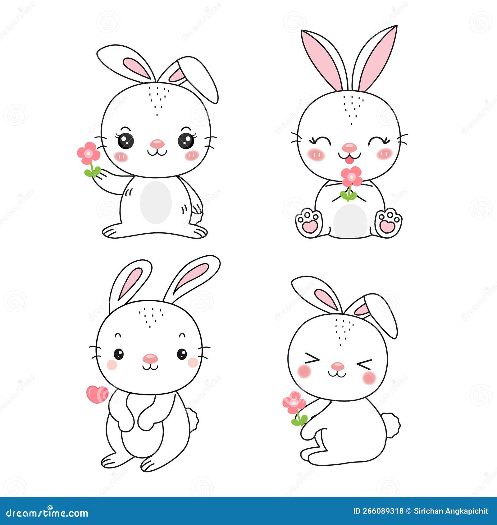 Cute Cartoon Bunny with Flower in Different Poses Stock Vector ...