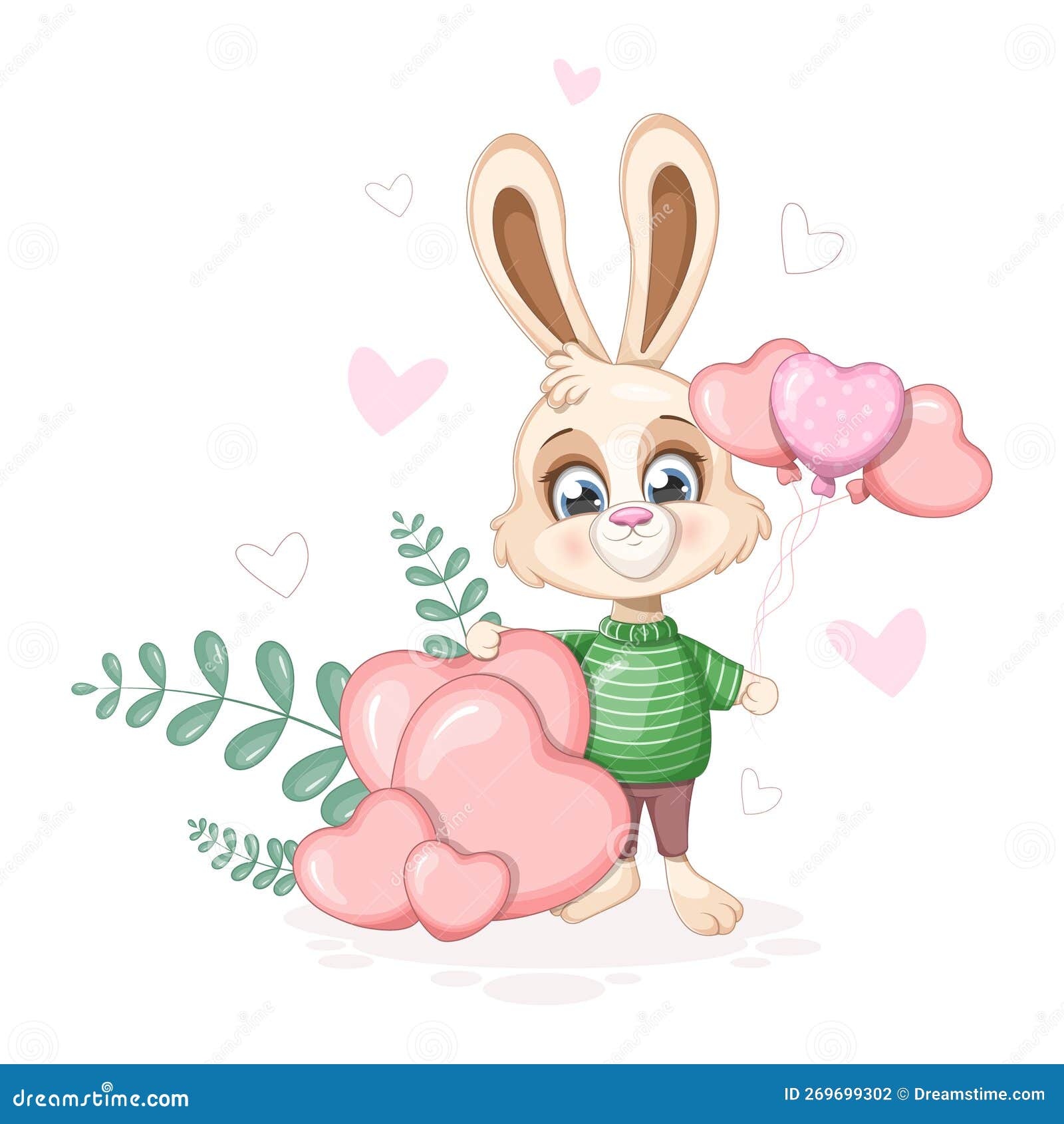 Cute Cartoon Bunny with Hearts and Balloons Stock Illustration ...