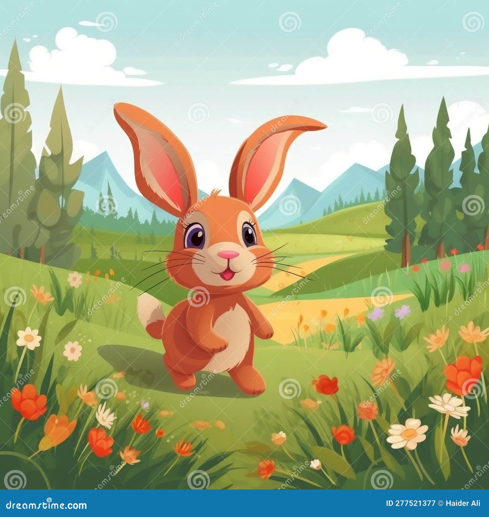 Cute Cartoon Bunny in Meadow. Generative AI Stock Illustration ...