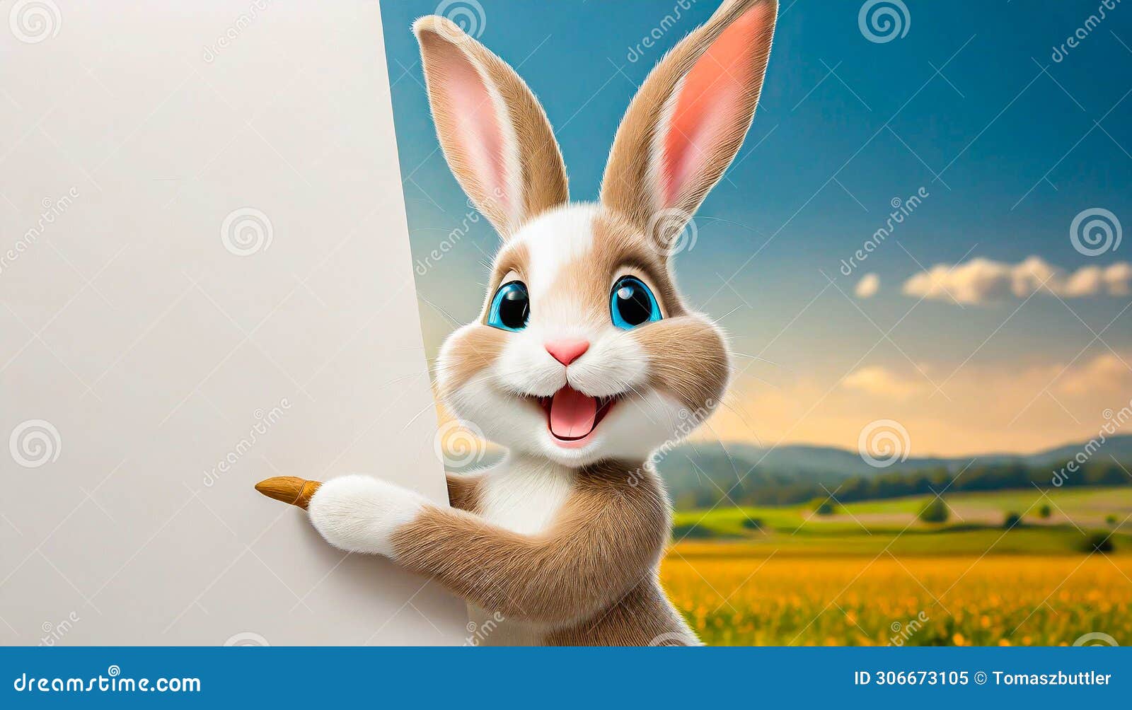 Cute Cartoon Bunny Points at an Empty Banner Stock Illustration ...