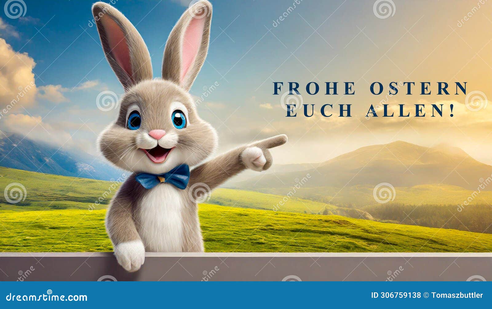 Cute Cartoon Bunny Points at German Text "Happy Easter Everyone!" Stock ...