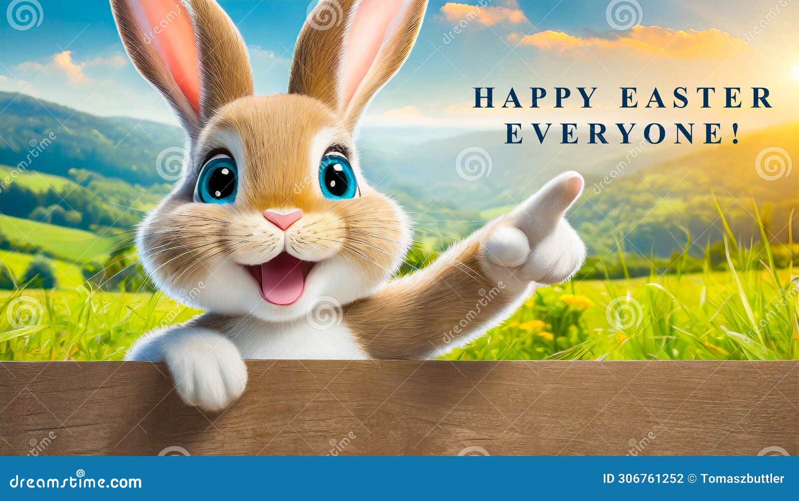 Cute Cartoon Bunny Points at Text "Happy Easter Everyone!" Stock ...
