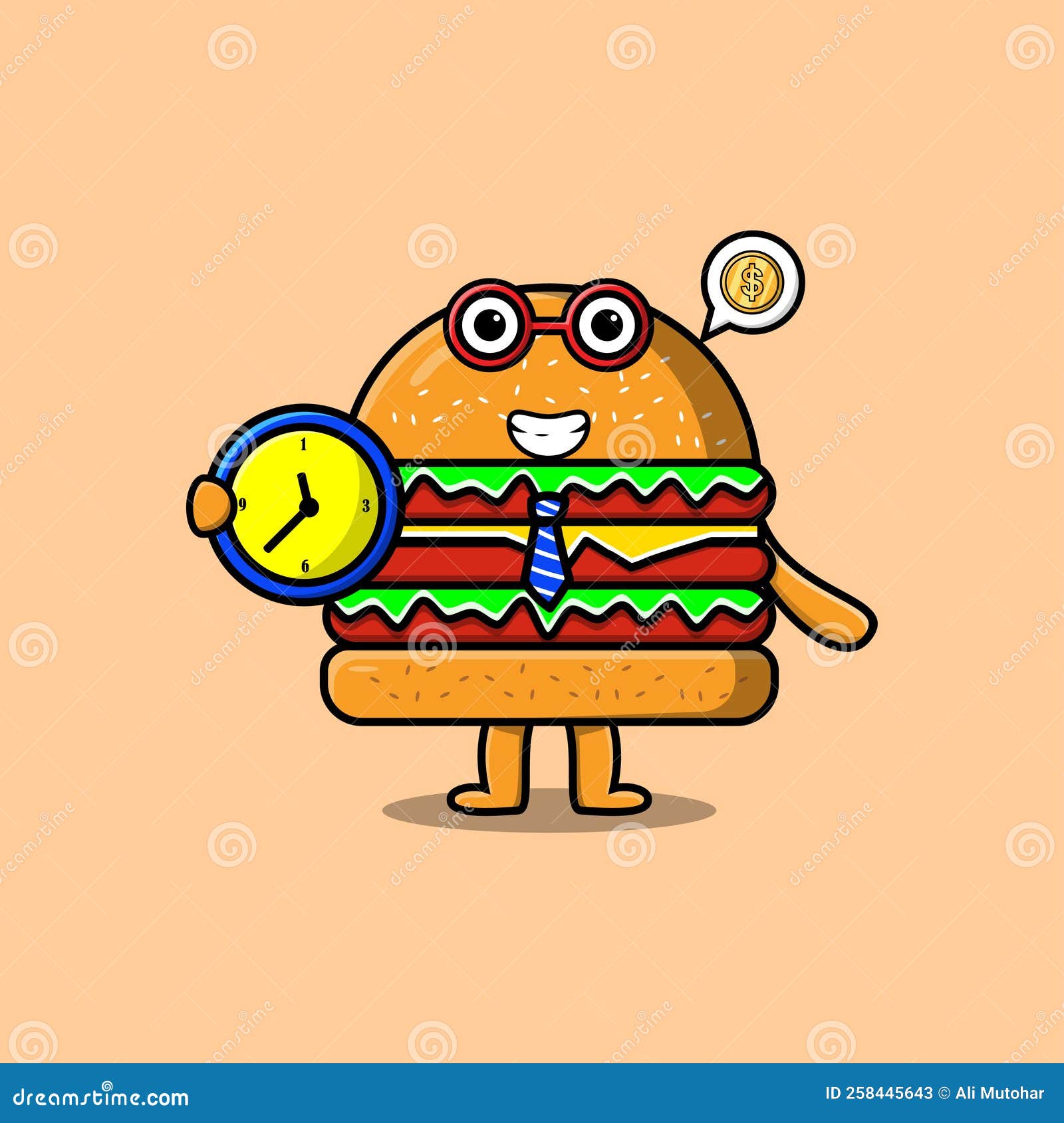 Cute Cartoon Burger Character Holding Clock Stock Vector - Illustration ...