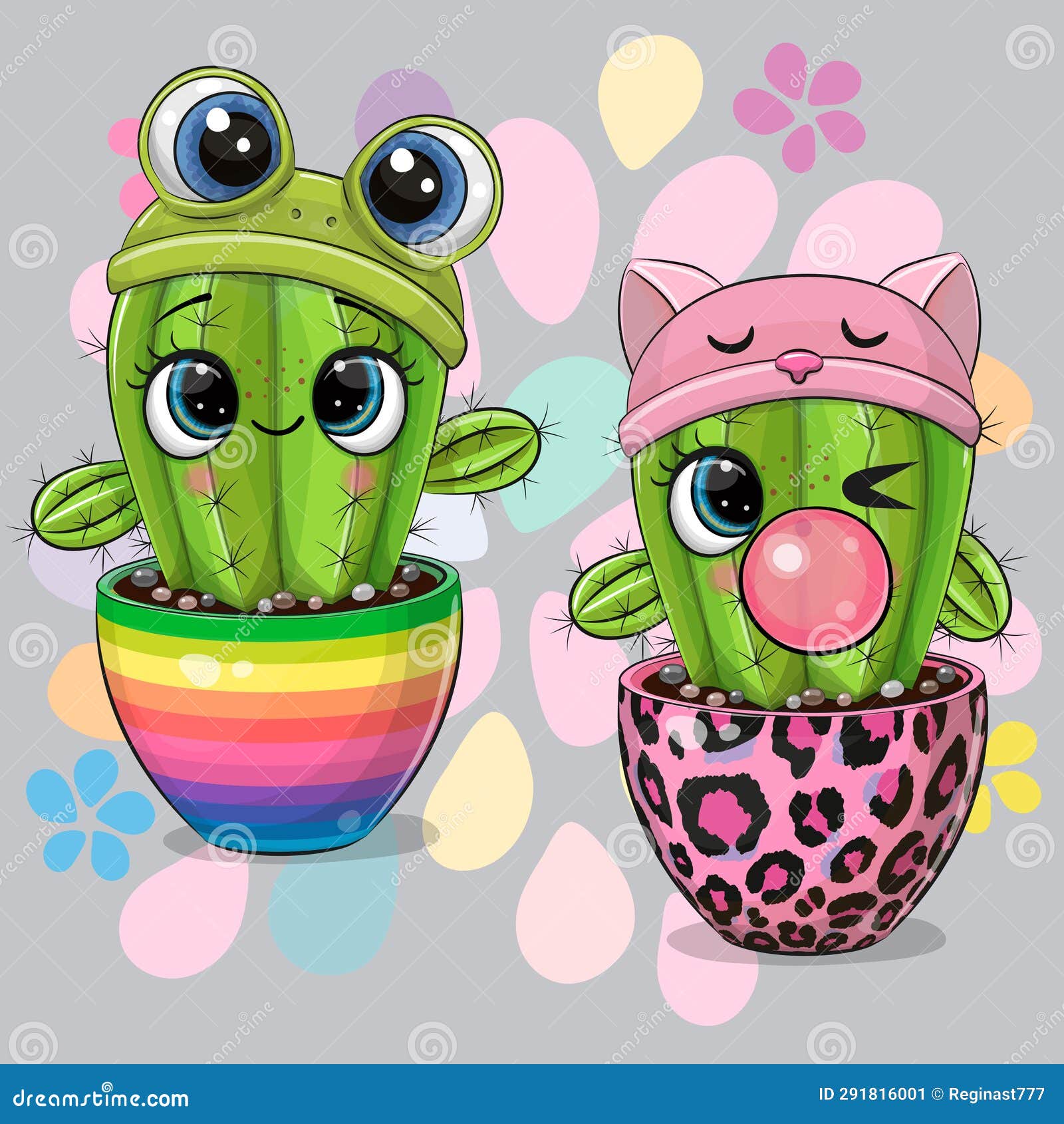 Cute Cartoon Cacti in Frog and Cat Hat Stock Illustration ...