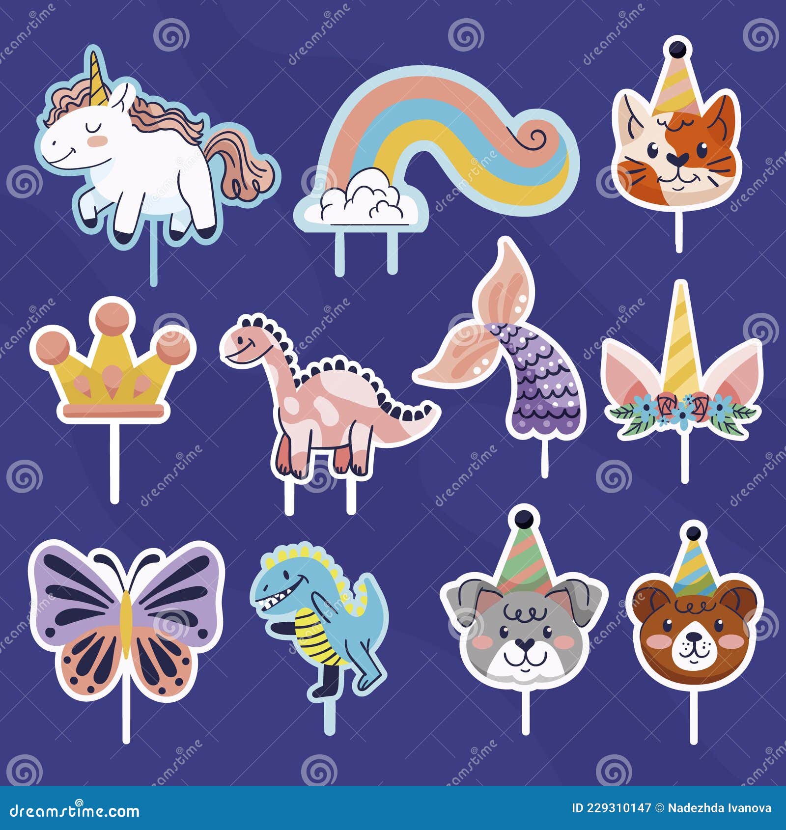 Cute Cartoon Cake Topper Set Vector Illustration. Stock Vector ...