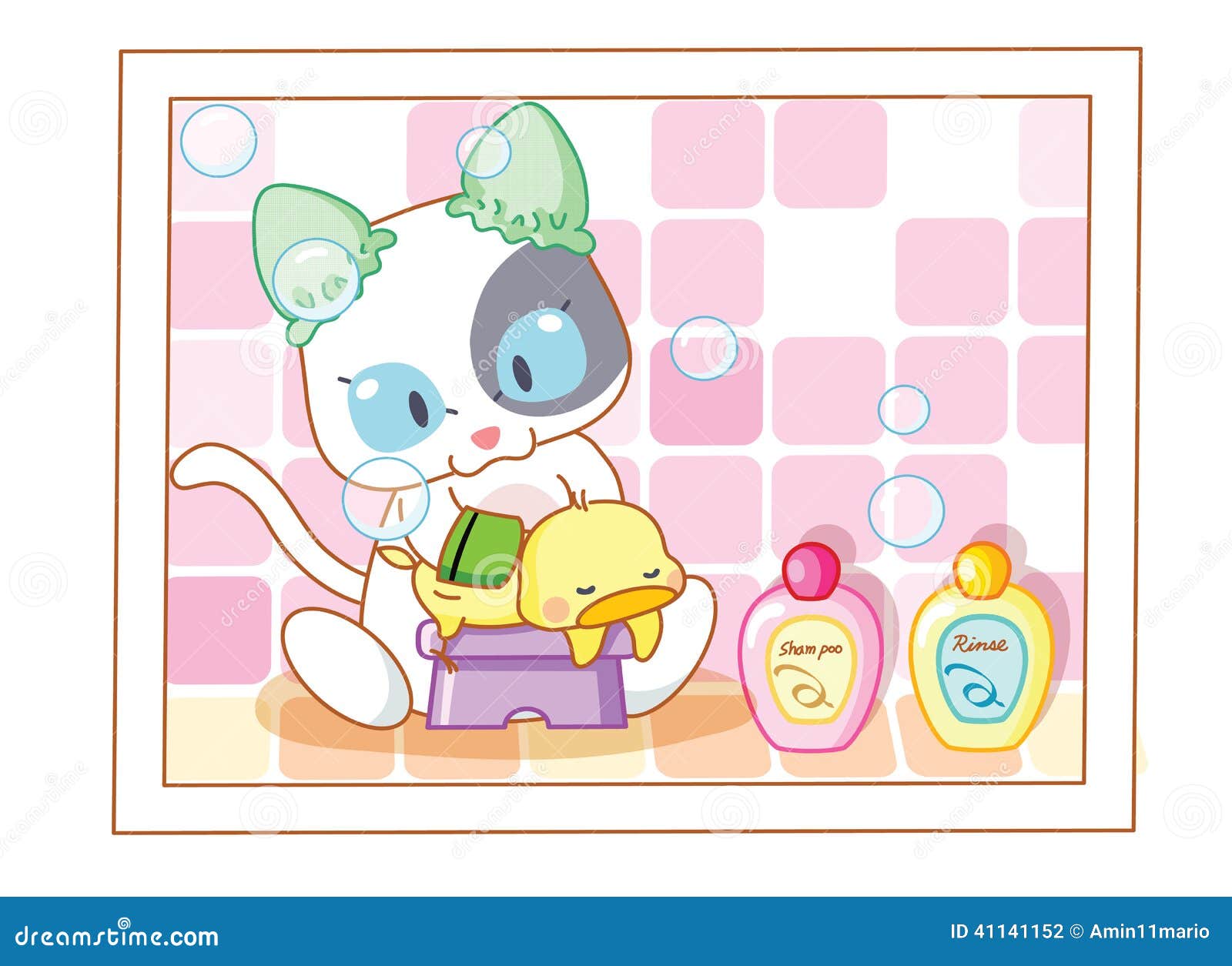 Cute Cartoon Cat Bathing Chicks Stock Illustration - Illustration of ...