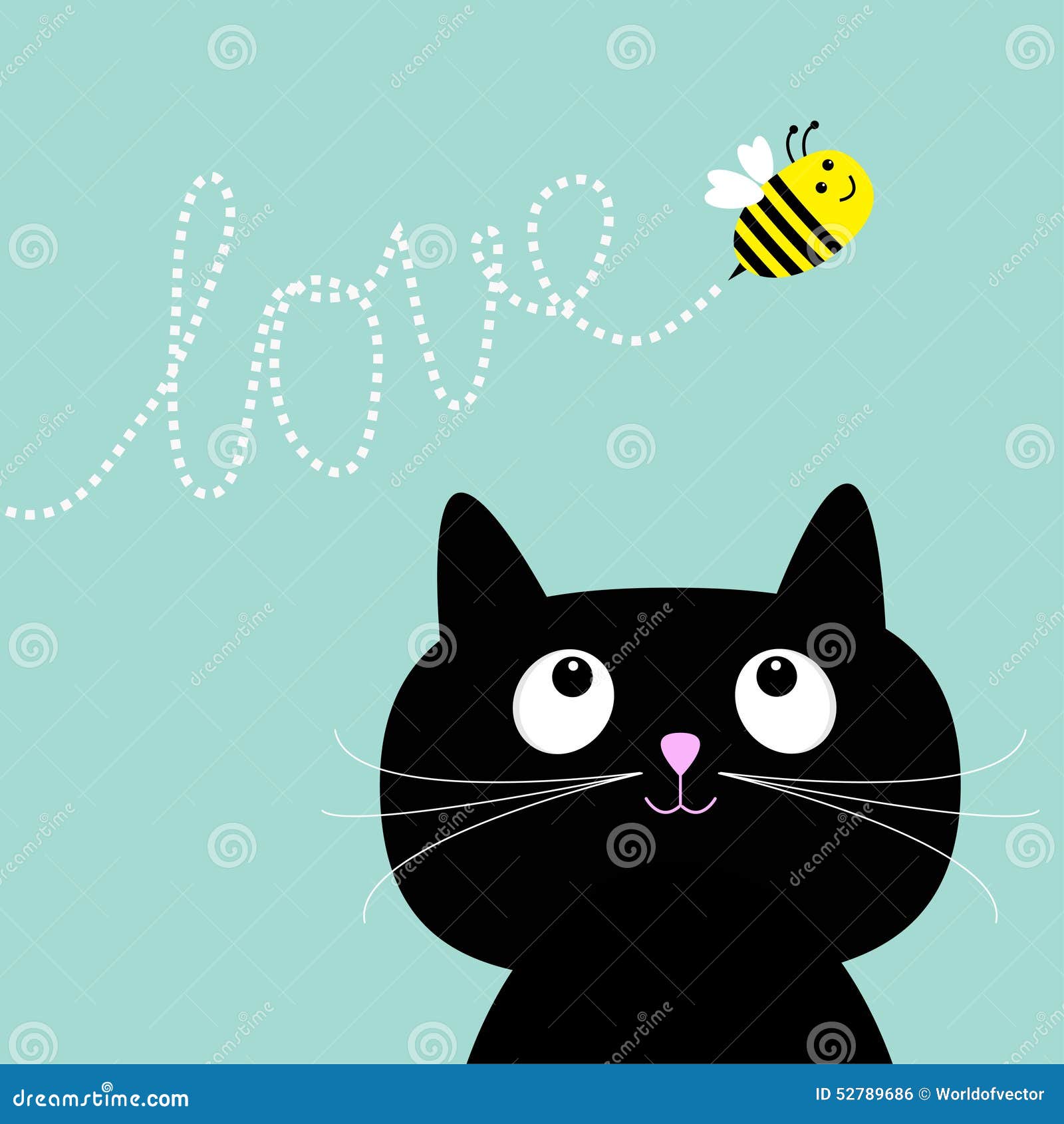 Cute Cartoon Cat. Bee Dash Line Love Flat Design Style. Vector ...
