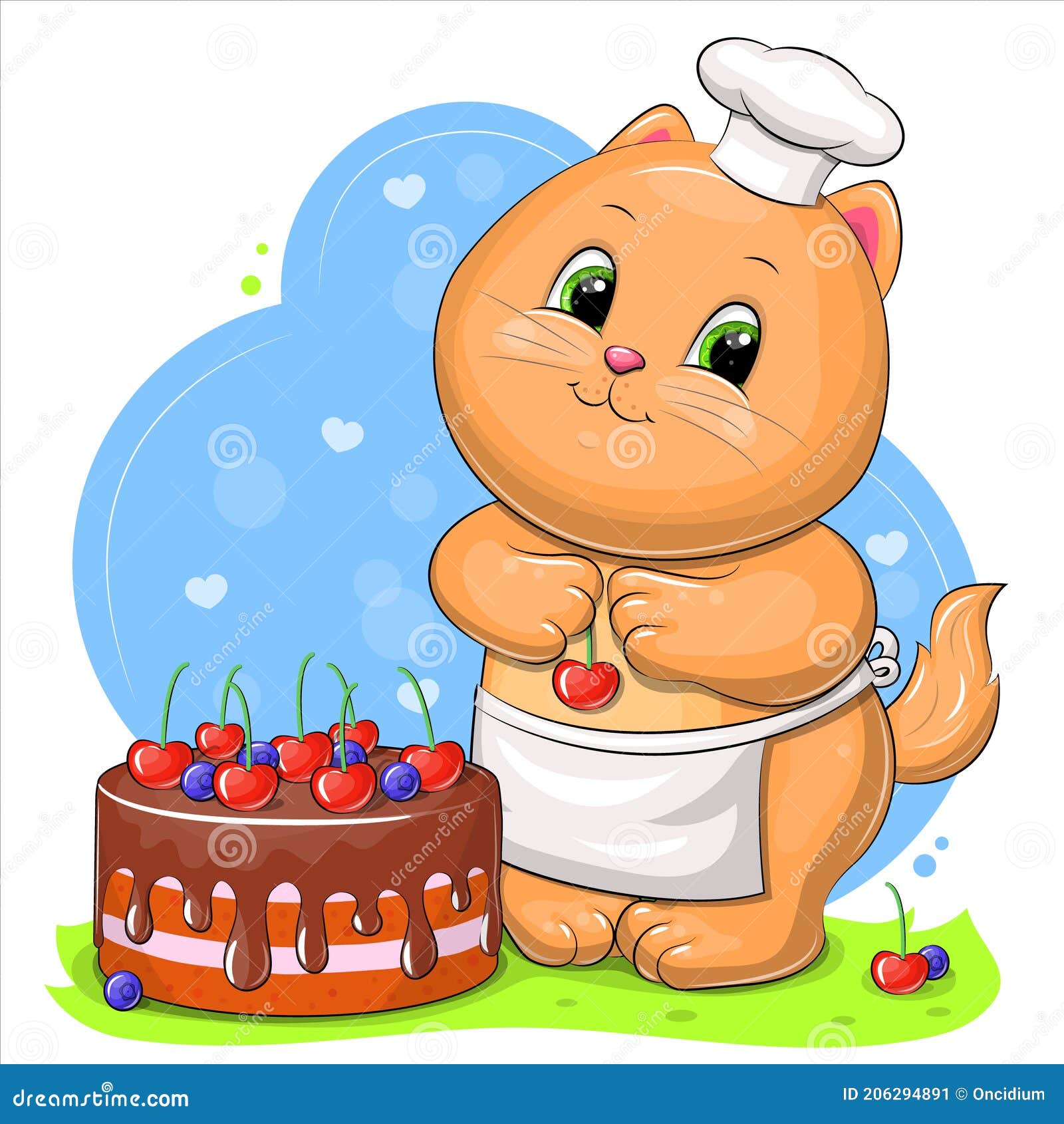 Cute Cartoon Cat Cooks a Cake with Berries. Stock Vector - Illustration ...