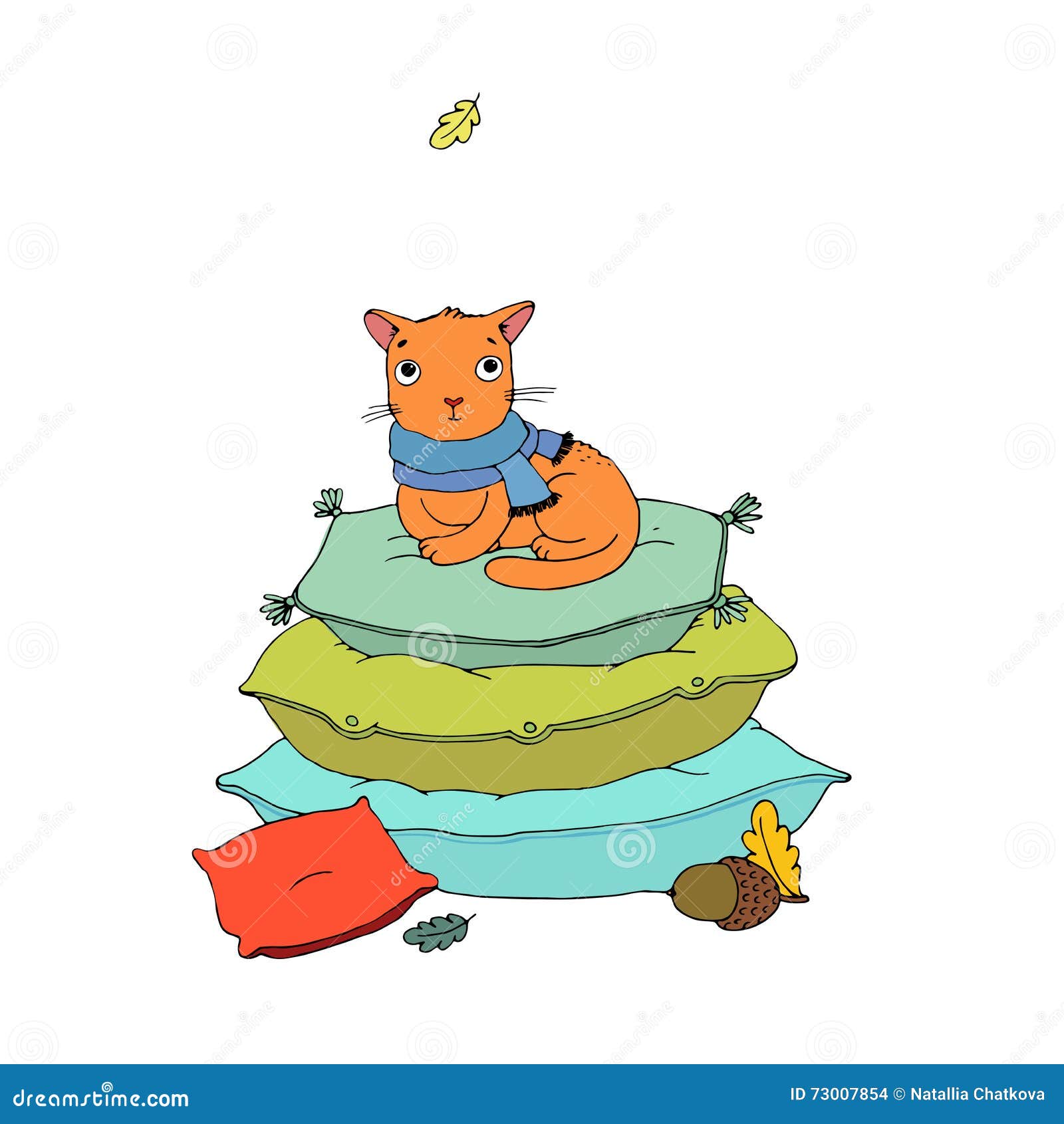 Cute Cartoon Cat on Cushions. Stock Vector - Illustration of kind ...