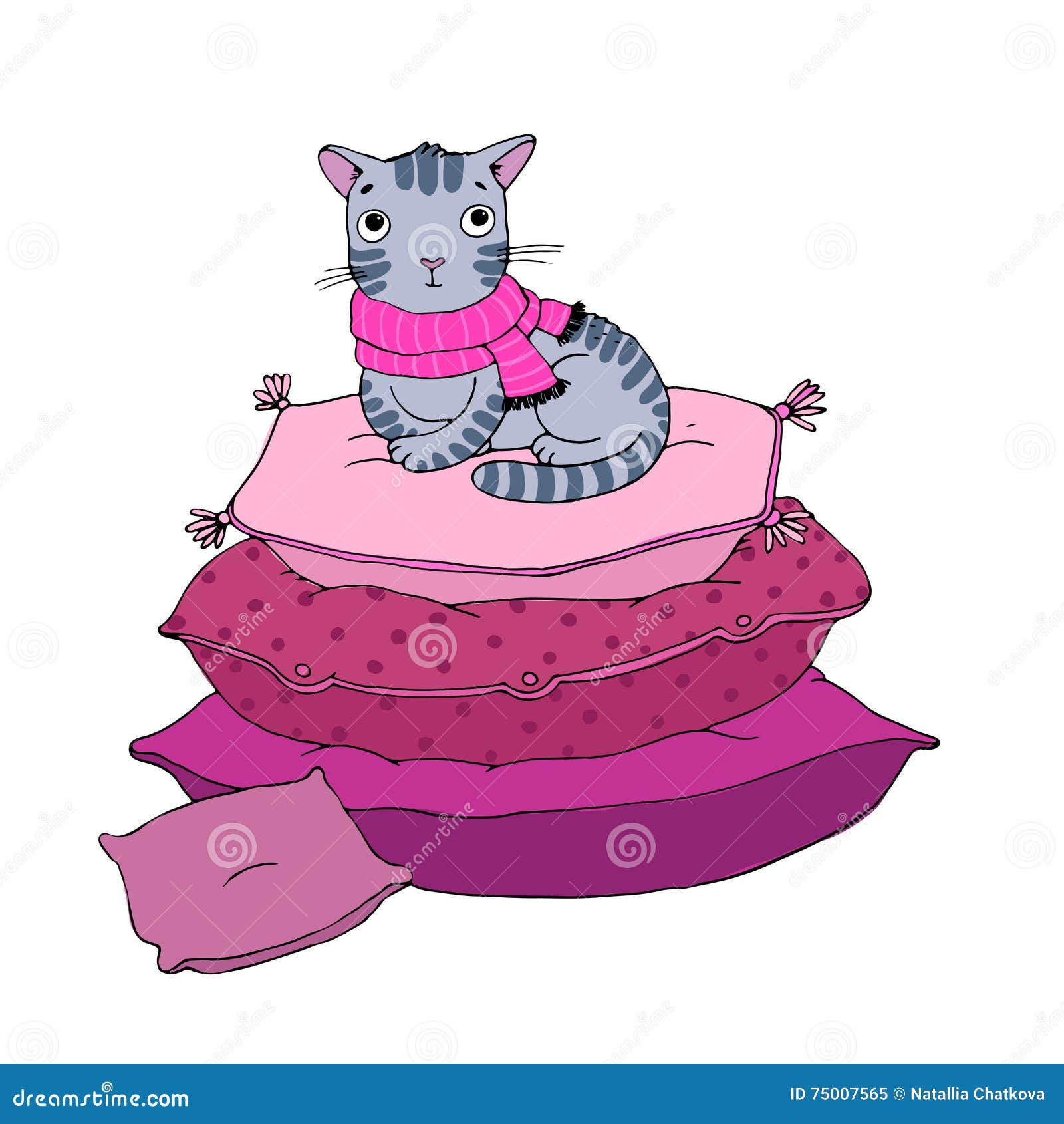 Cute Cartoon Cat on Cushions. Stock Vector - Illustration of drawn ...