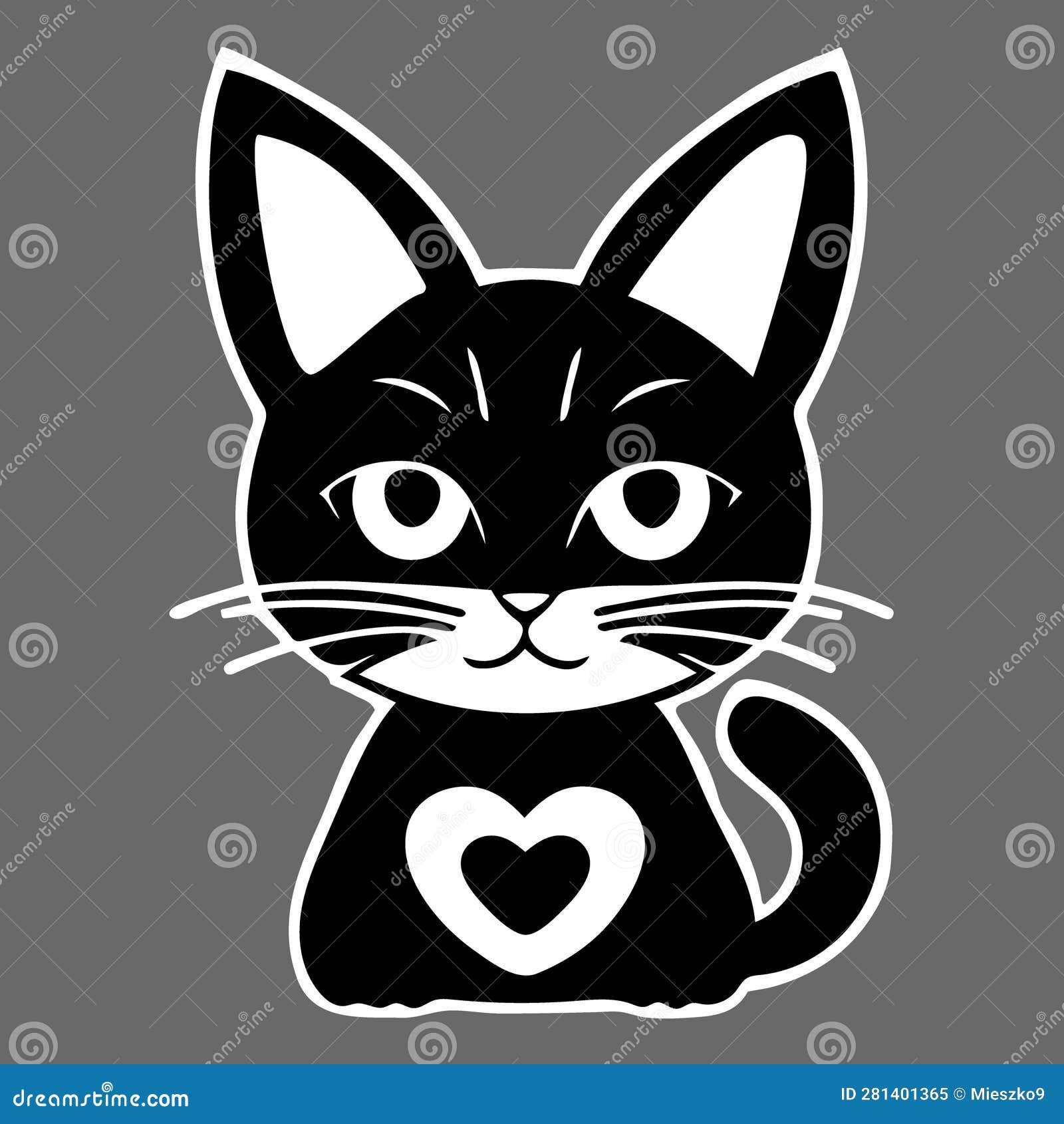 Cute Cartoon Cat with Heart. Black and White Vector Illustration Stock ...