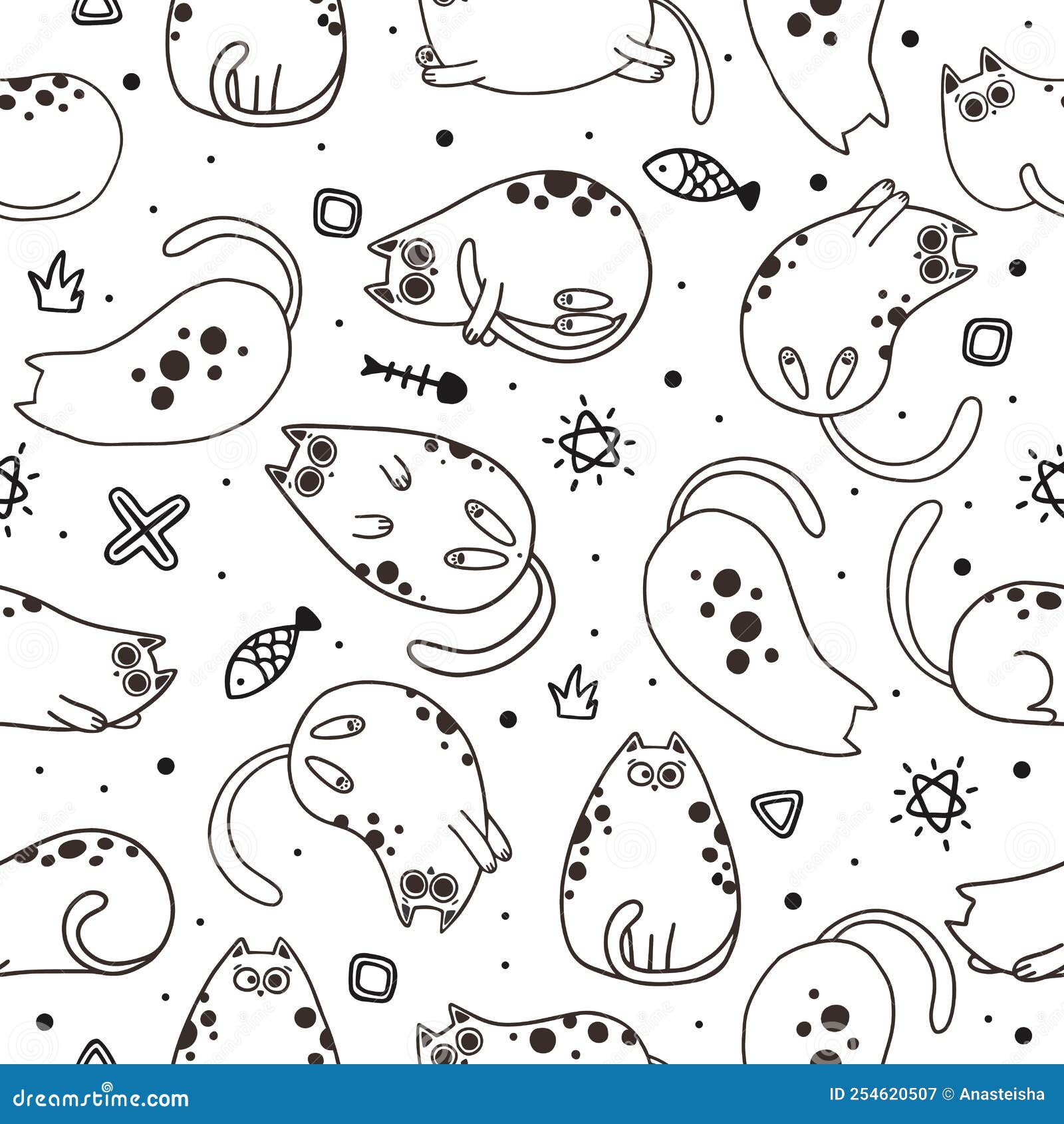 Cute Cartoon Cat Vector Icons, Seamless Pattern and Background Stock ...