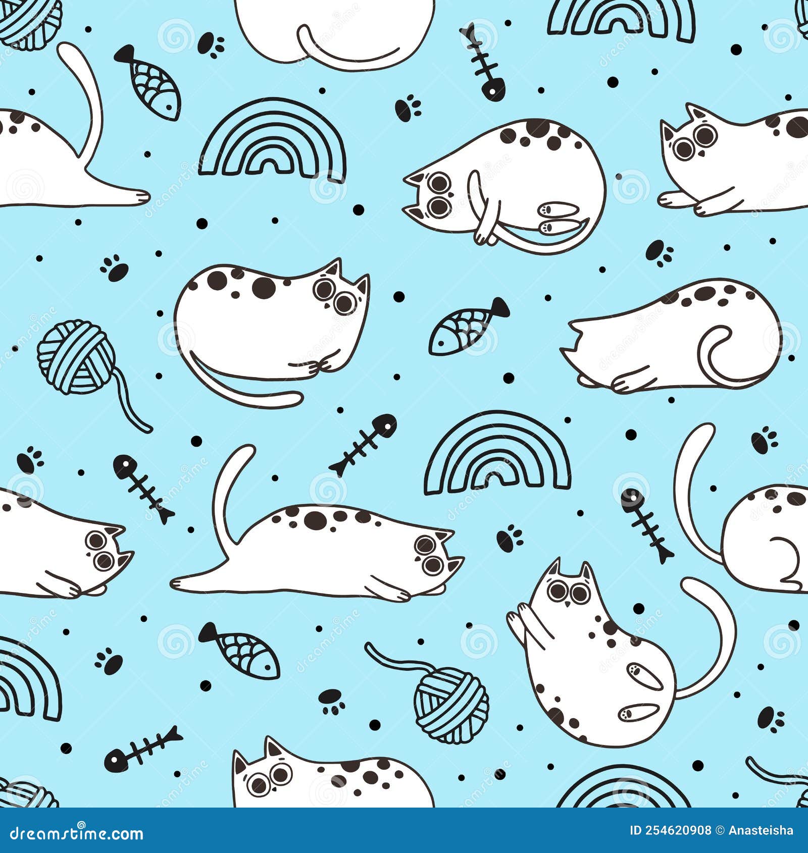 Cute Cartoon Cat Vector Icons, Seamless Pattern and Background Stock ...