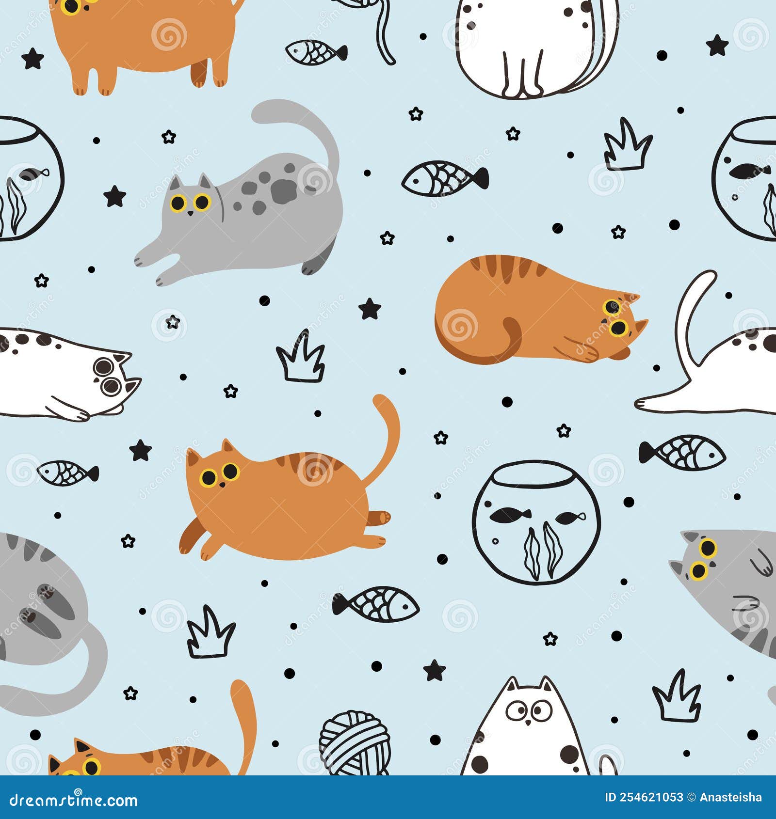 Cute Cartoon Cat Vector Icons Seamless Pattern And Background Stock Illustration Illustration