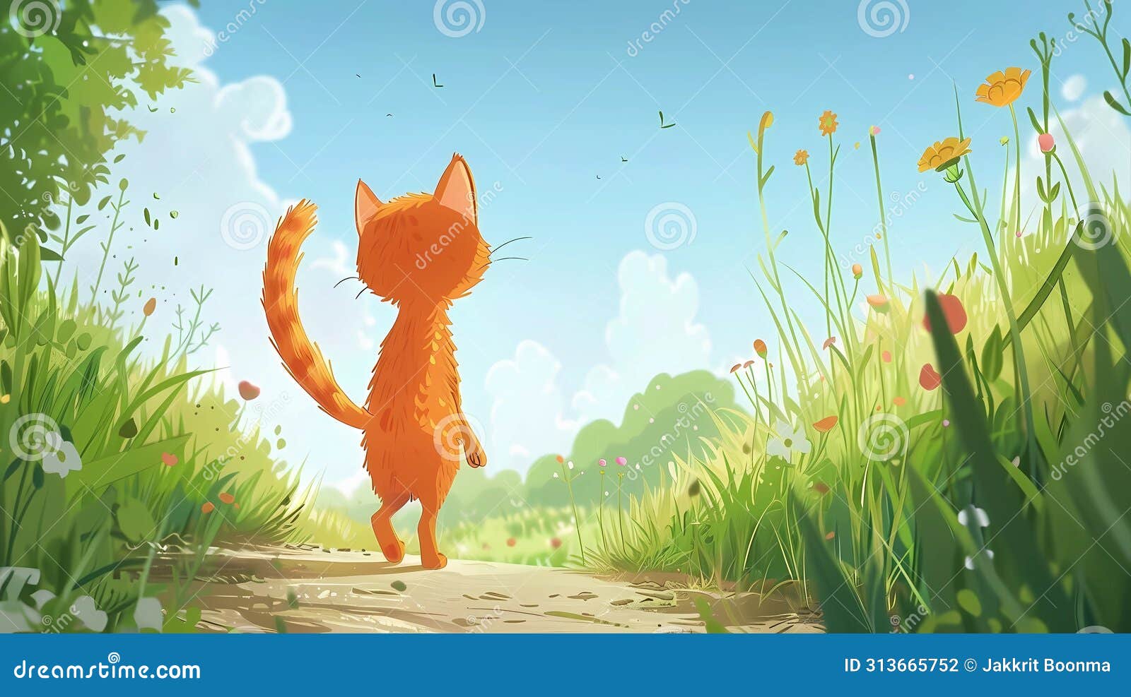 Cute Cartoon Cat Walking in the Meadow, Generative AI Illustrations ...