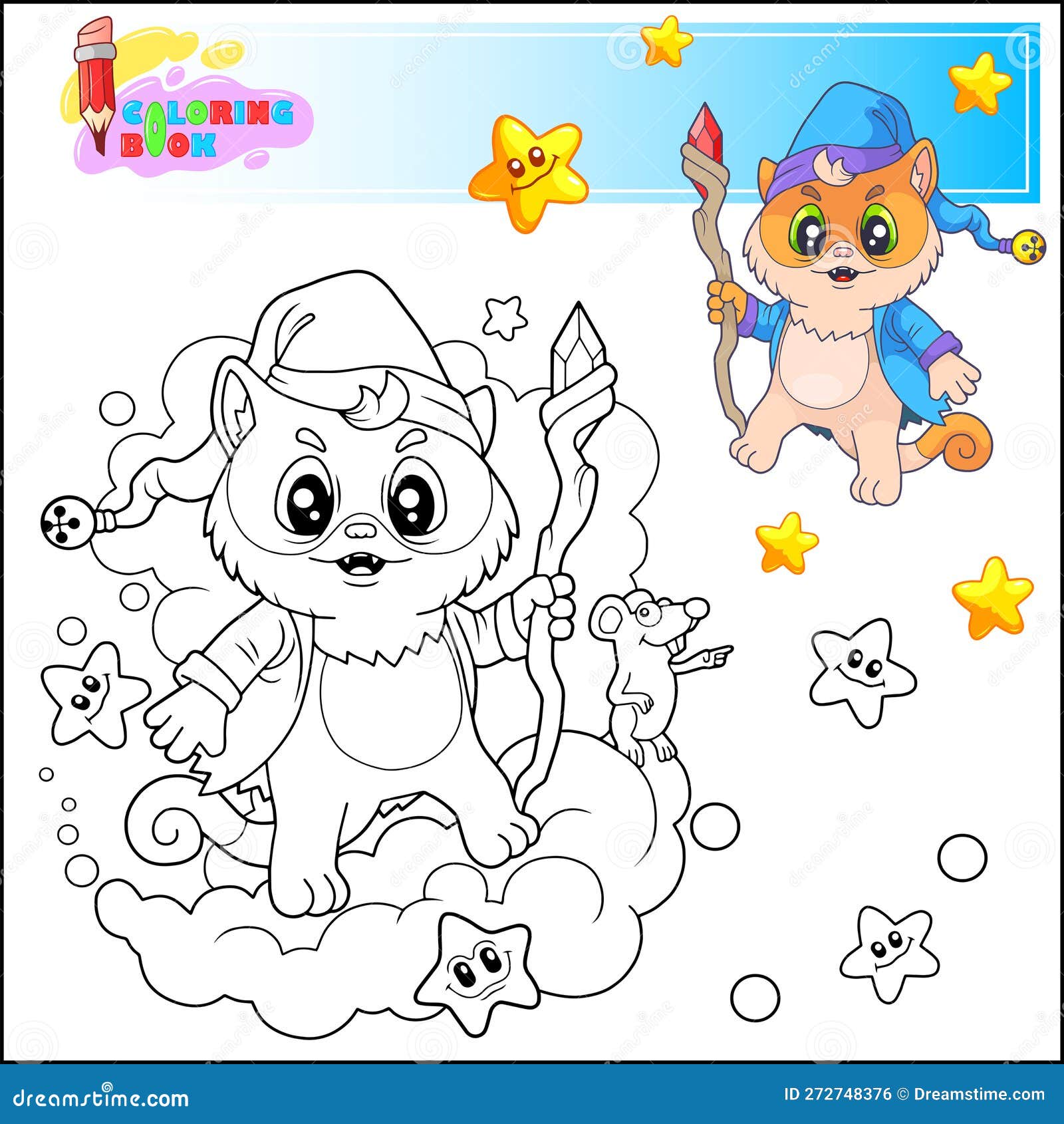 Cartoon Cat Wizard Coloring Page Stock Vector - Illustration of funny ...