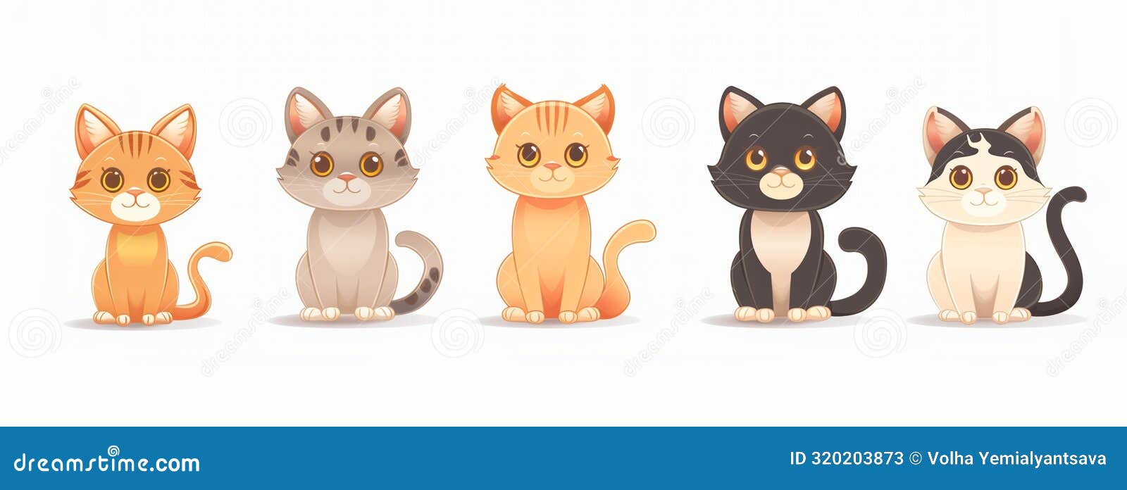Cute Cartoon Cats Lined Up in a Row on a White Background Stock Image ...